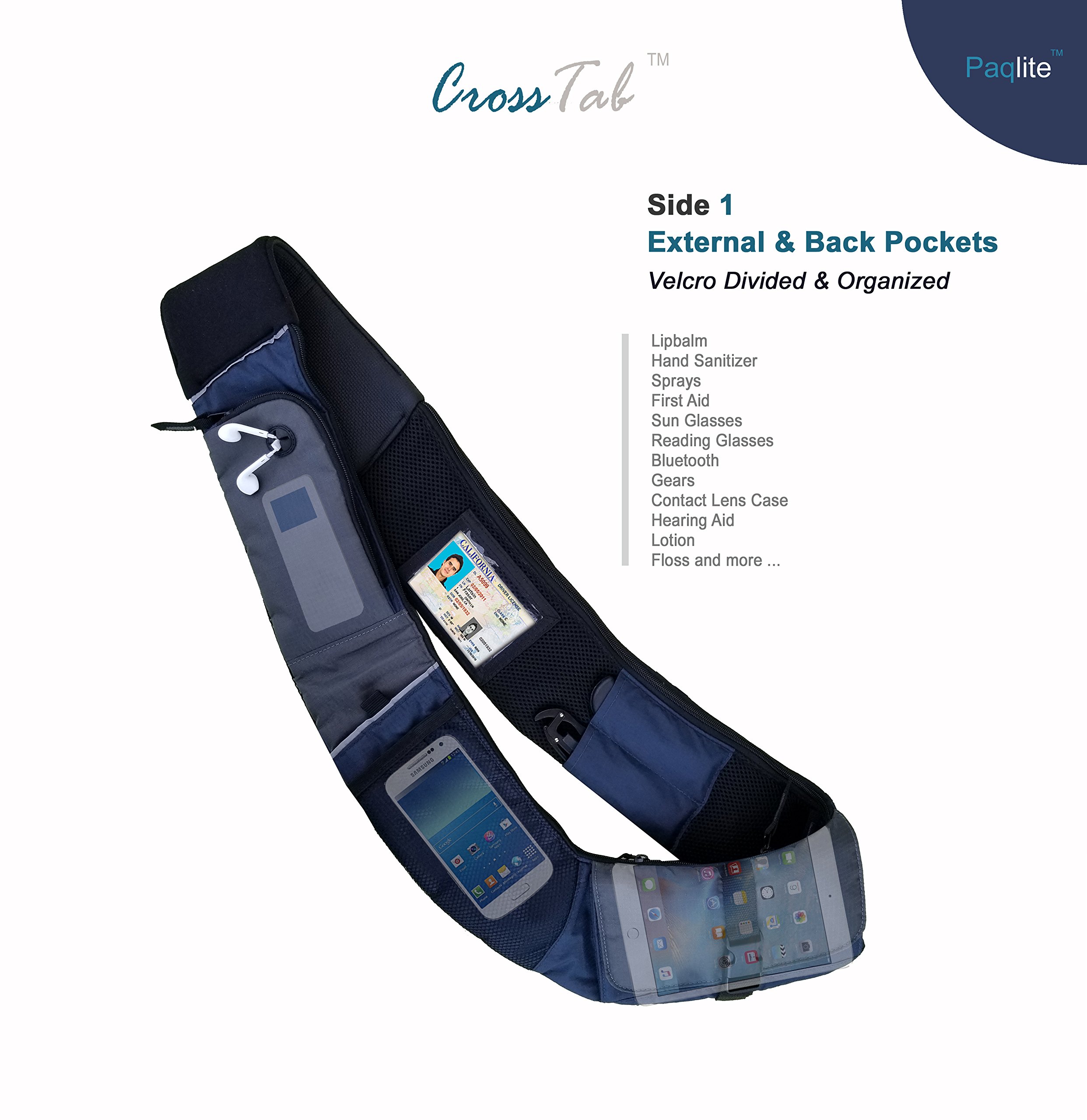 CrossTab - TABLET Hands-Free Ultra-Light Personal Pack by Paqlite - Carryall CrossBody Shoulder bag (Large, Blue)