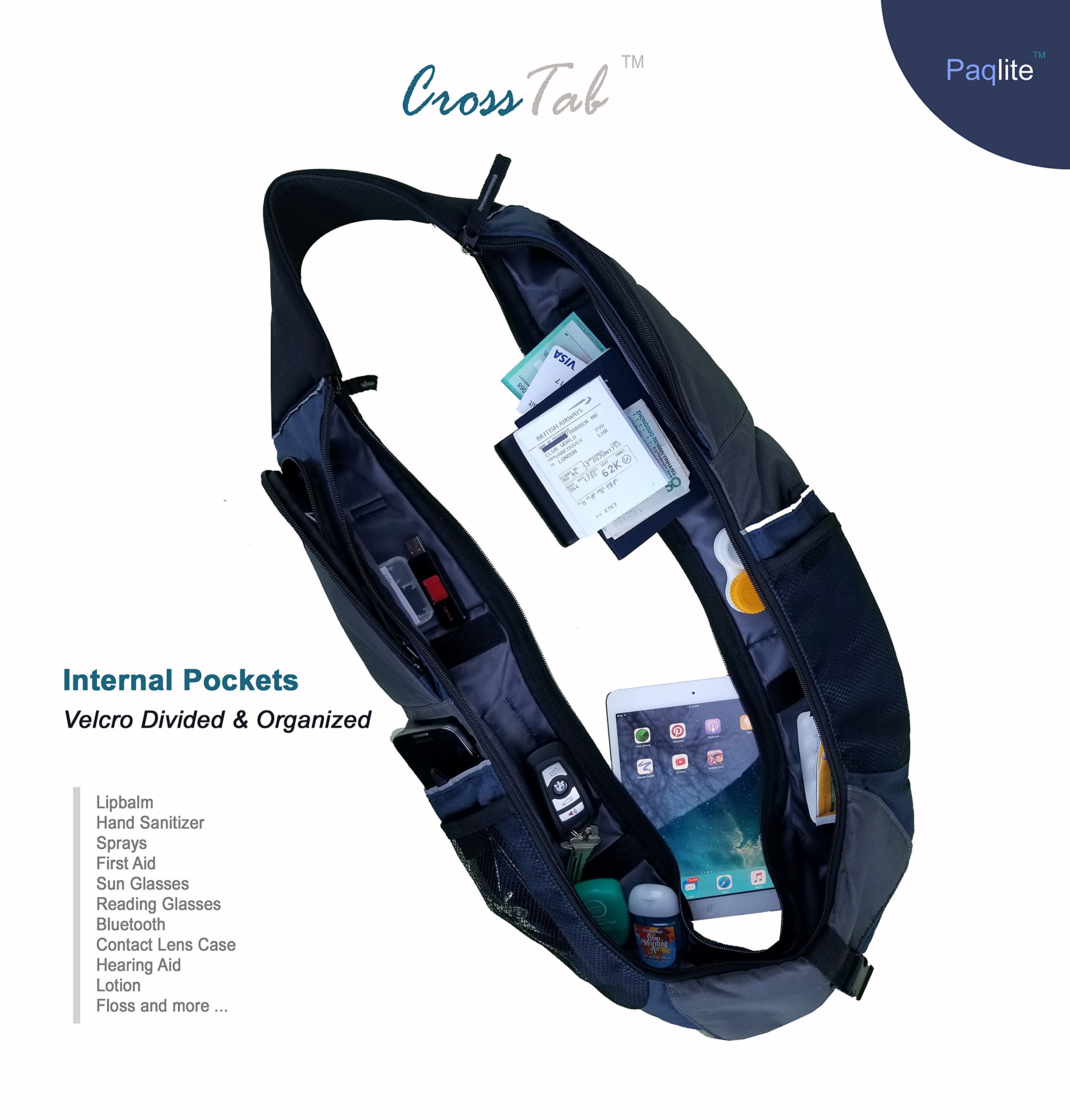 CrossTab - TABLET Hands-Free Ultra-Light Personal Pack by Paqlite - Carryall CrossBody Shoulder bag (Large, Blue)