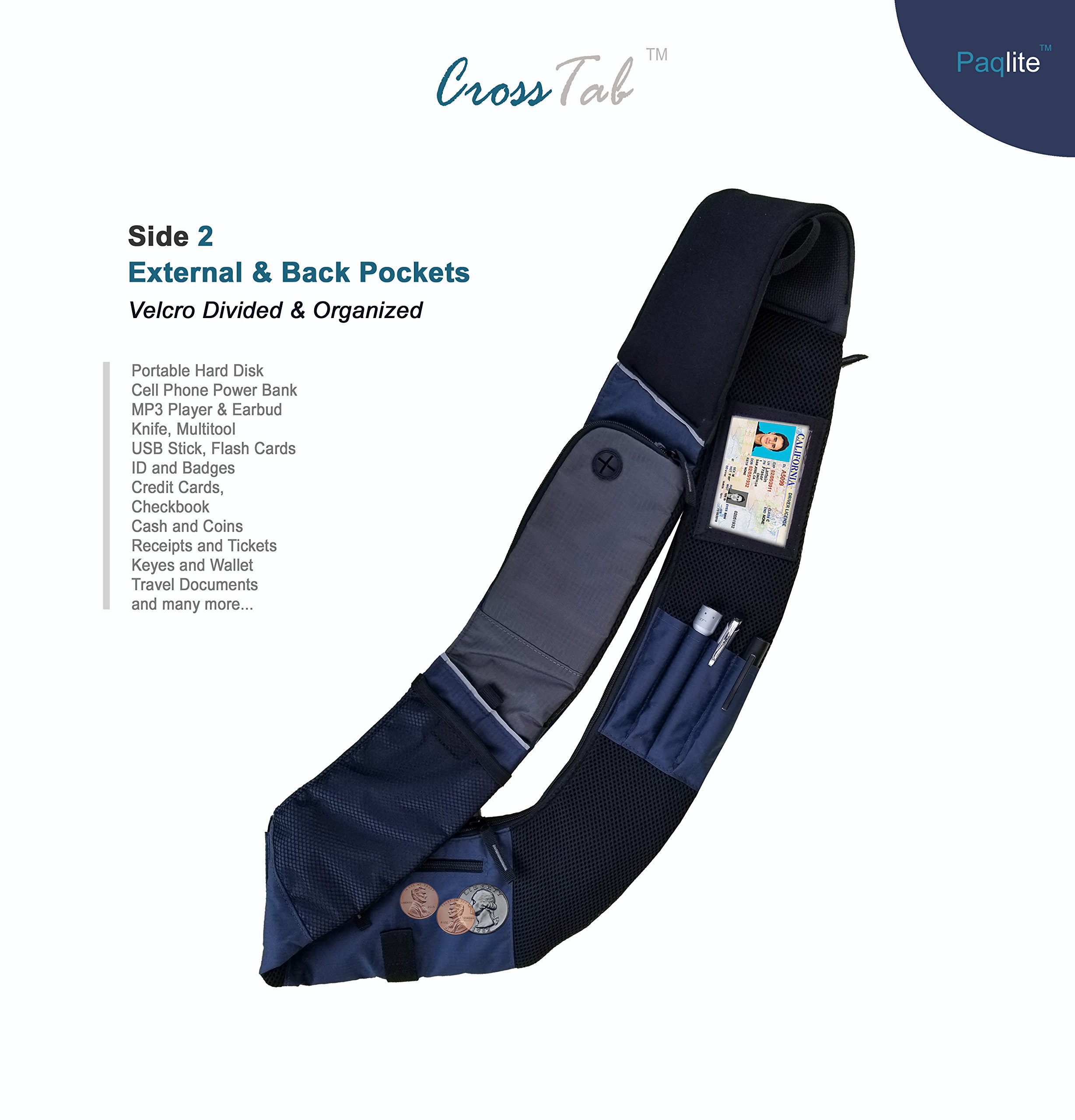 CrossTab - TABLET Hands-Free Ultra-Light Personal Pack by Paqlite - Carryall CrossBody Shoulder bag (Large, Blue)