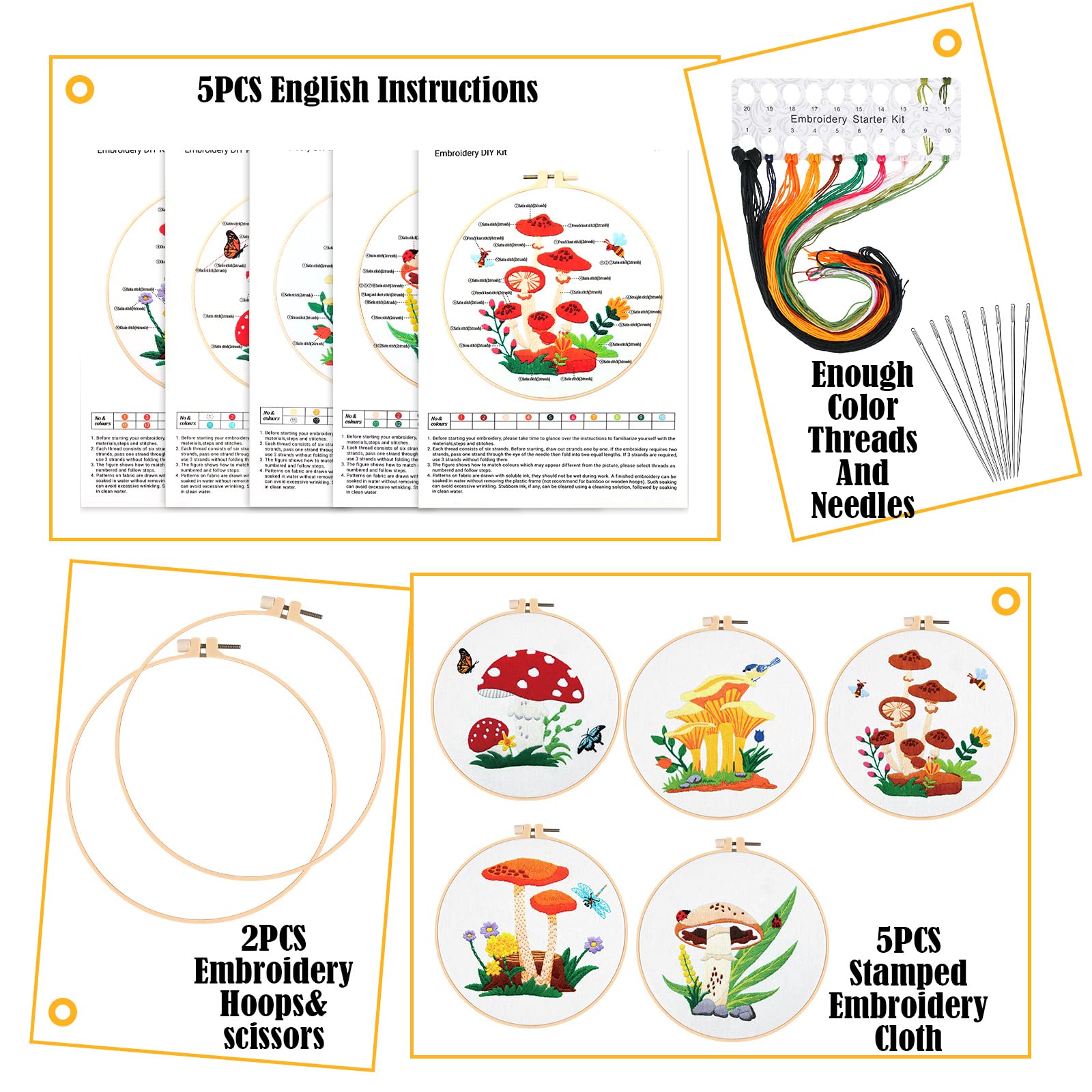 5 Sets Embroidery Starter Kit with Patterns and Instructions Mushroom Cross Stitch Set for Beginners DIY Adult Kids Beginner Cross Stitch Set with Mushroom Pattern Embroidery Hoops Needles Threads