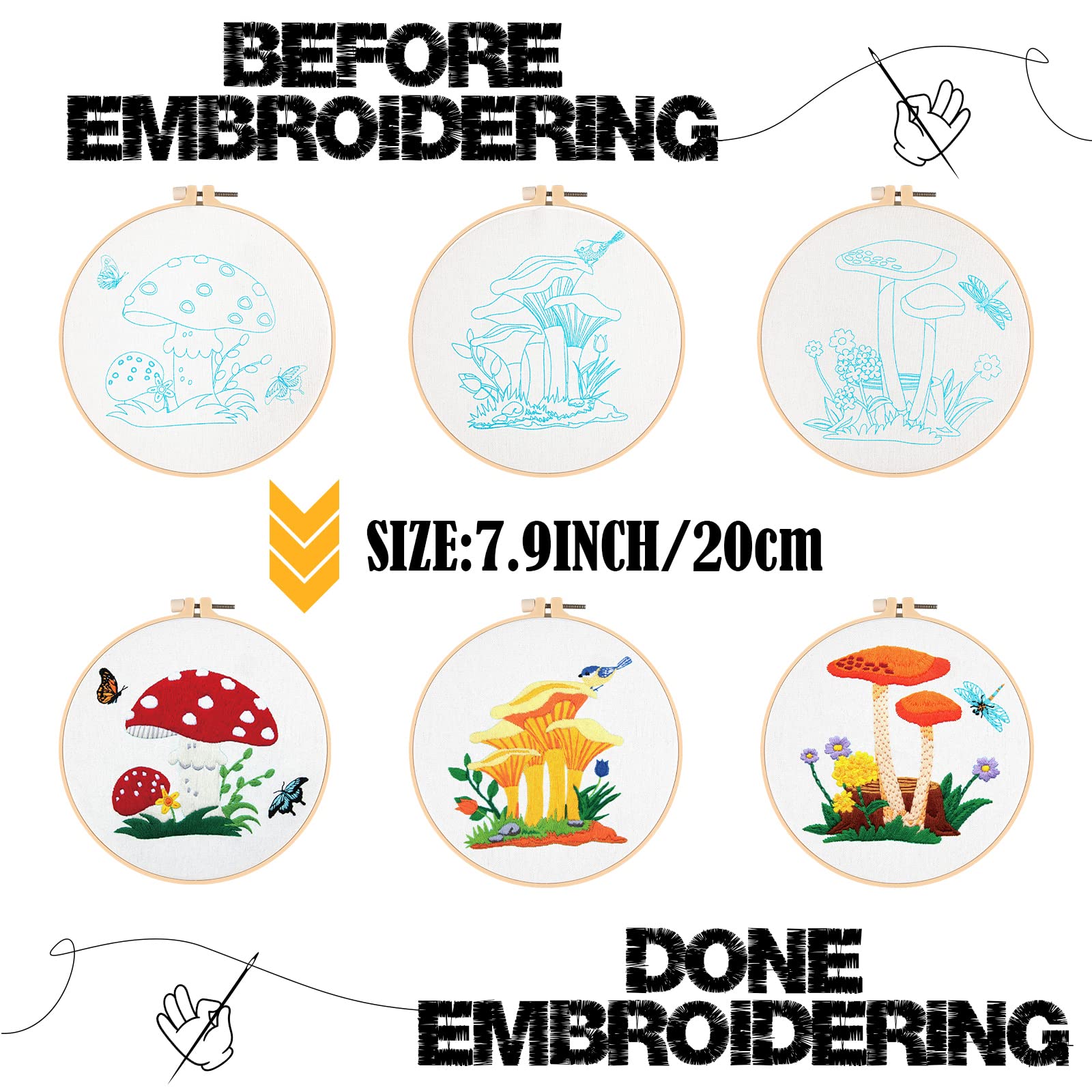5 Sets Embroidery Starter Kit with Patterns and Instructions Mushroom Cross Stitch Set for Beginners DIY Adult Kids Beginner Cross Stitch Set with Mushroom Pattern Embroidery Hoops Needles Threads