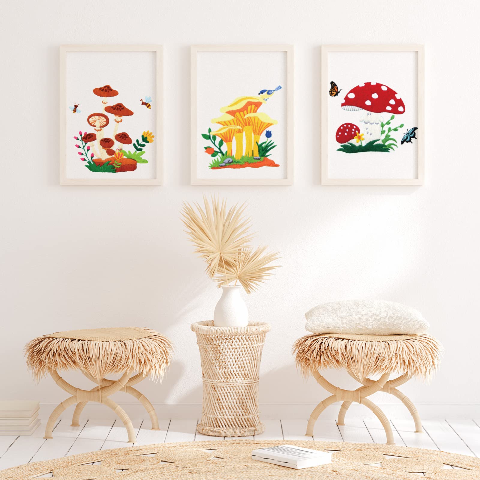 5 Sets Embroidery Starter Kit with Patterns and Instructions Mushroom Cross Stitch Set for Beginners DIY Adult Kids Beginner Cross Stitch Set with Mushroom Pattern Embroidery Hoops Needles Threads