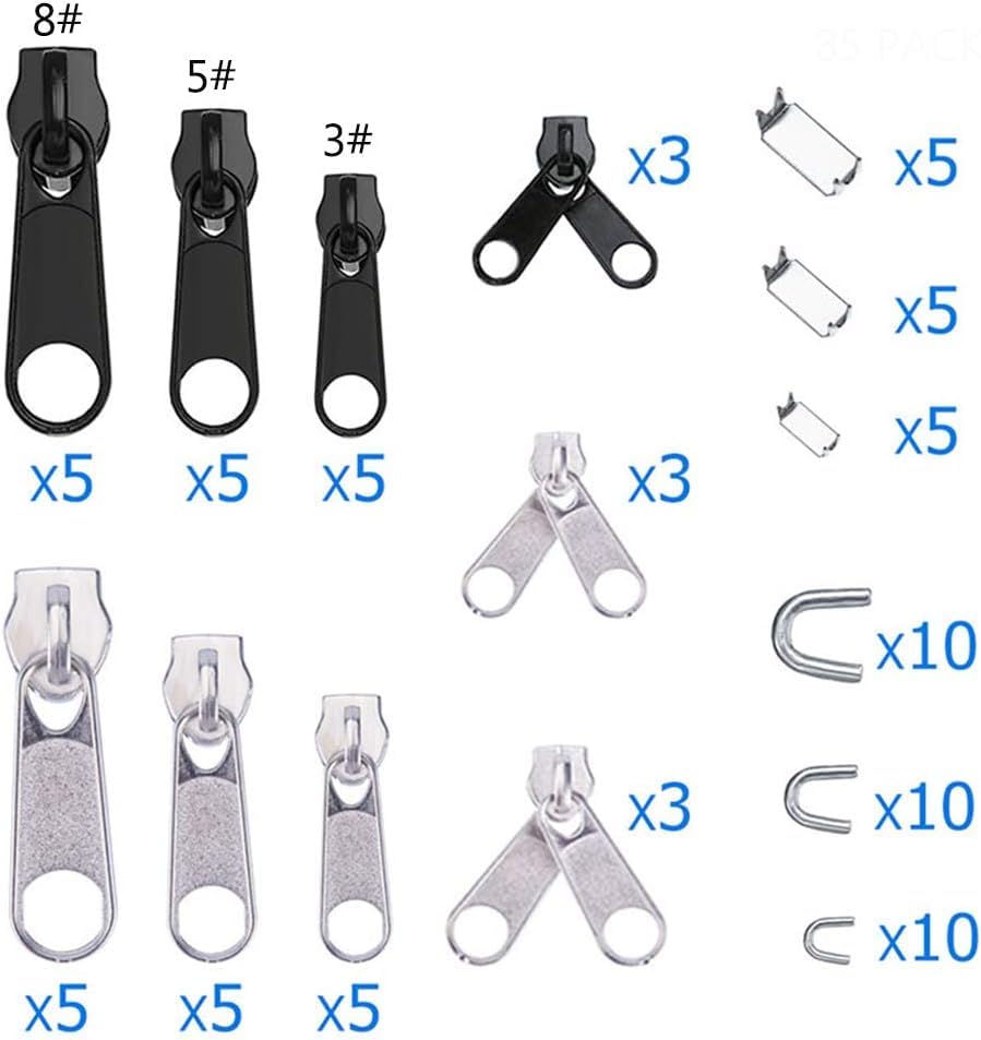 Zipper Repair Kit Zipper Replacement,85 pcs Zipper Replacement Accessories with Zipper Install Pliers Tool and Zipper Pulls , for Bags, Jackets, Jeans,Tents, Luggage and Sleeping Bag