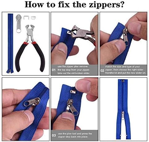 Zipper Repair Kit Zipper Replacement,85 pcs Zipper Replacement Accessories with Zipper Install Pliers Tool and Zipper Pulls , for Bags, Jackets, Jeans,Tents, Luggage and Sleeping Bag