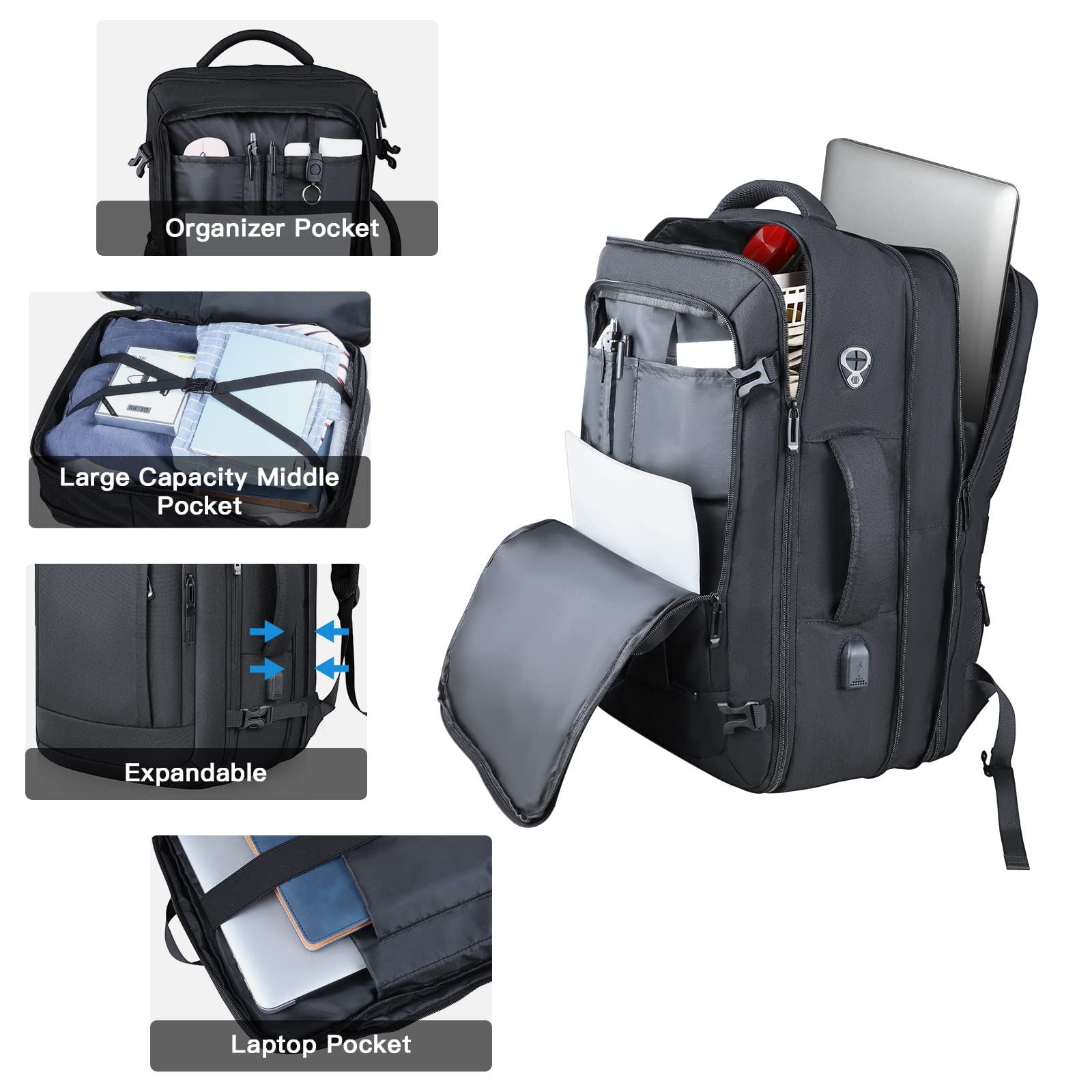 TEDNETGO Travel Backpack, Carry On Backpack, Laptop Backpack, 40L Expandable Airline Approved Large Business Travel Backpack, Durable Water Resistant Hiking Backpack Outdoor Sports Rucksack, Black