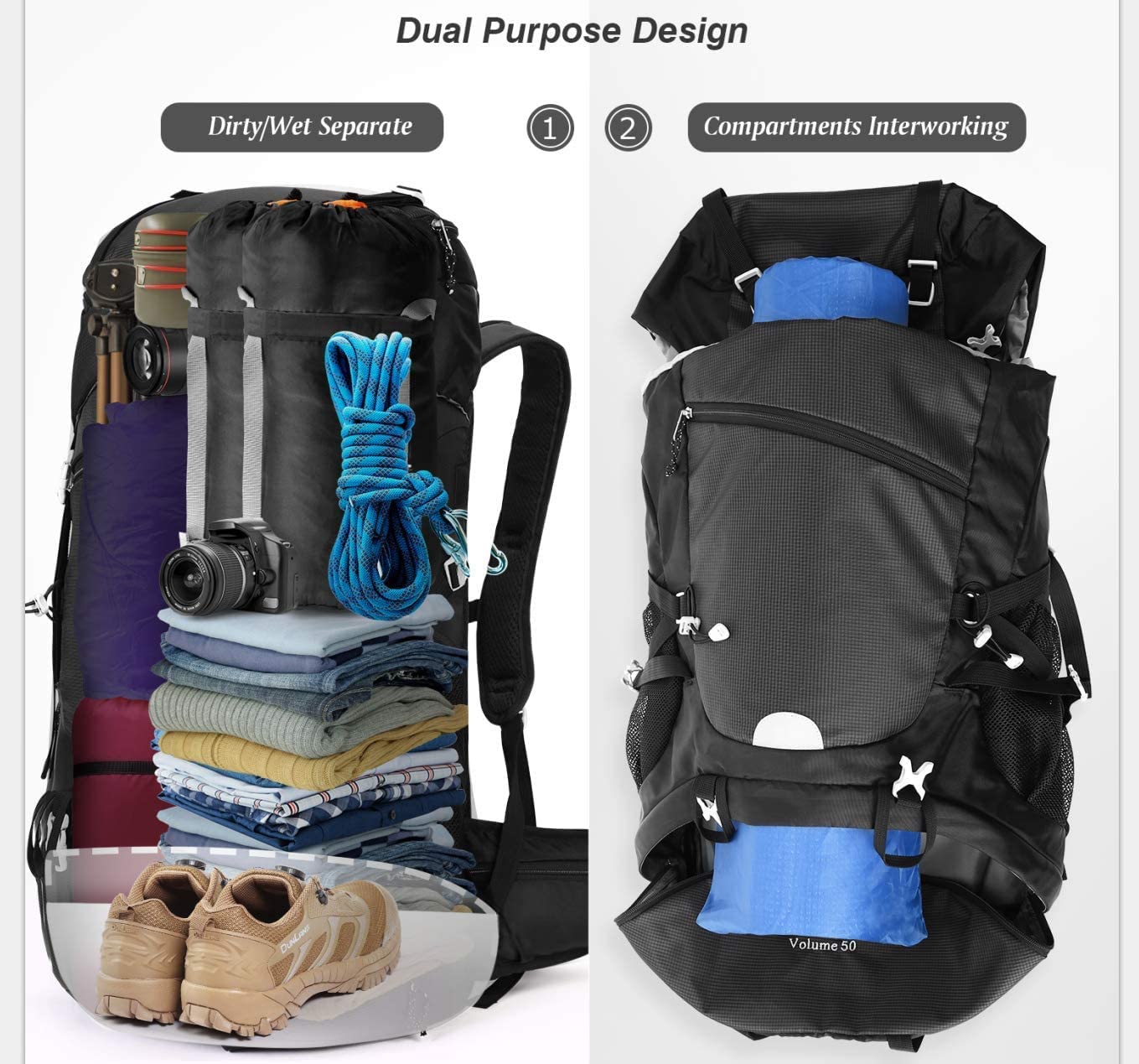 HOMIEE 50L Hiking Backpack Travel Backpack Waterproof Daypack Outdoor Camping Climbing Backpack with Rain Cover