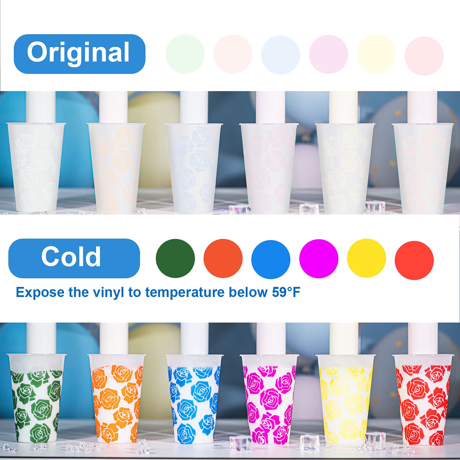 TECKWRAP Cold Sensitive Color Changing Vinyl for Craft Cutter Adhesive Permanent Vinyl Sheets(Translucent to Blue, Red, Purple,Orange,Yellow,Green),12" x 12" 6 Sheets/Pack