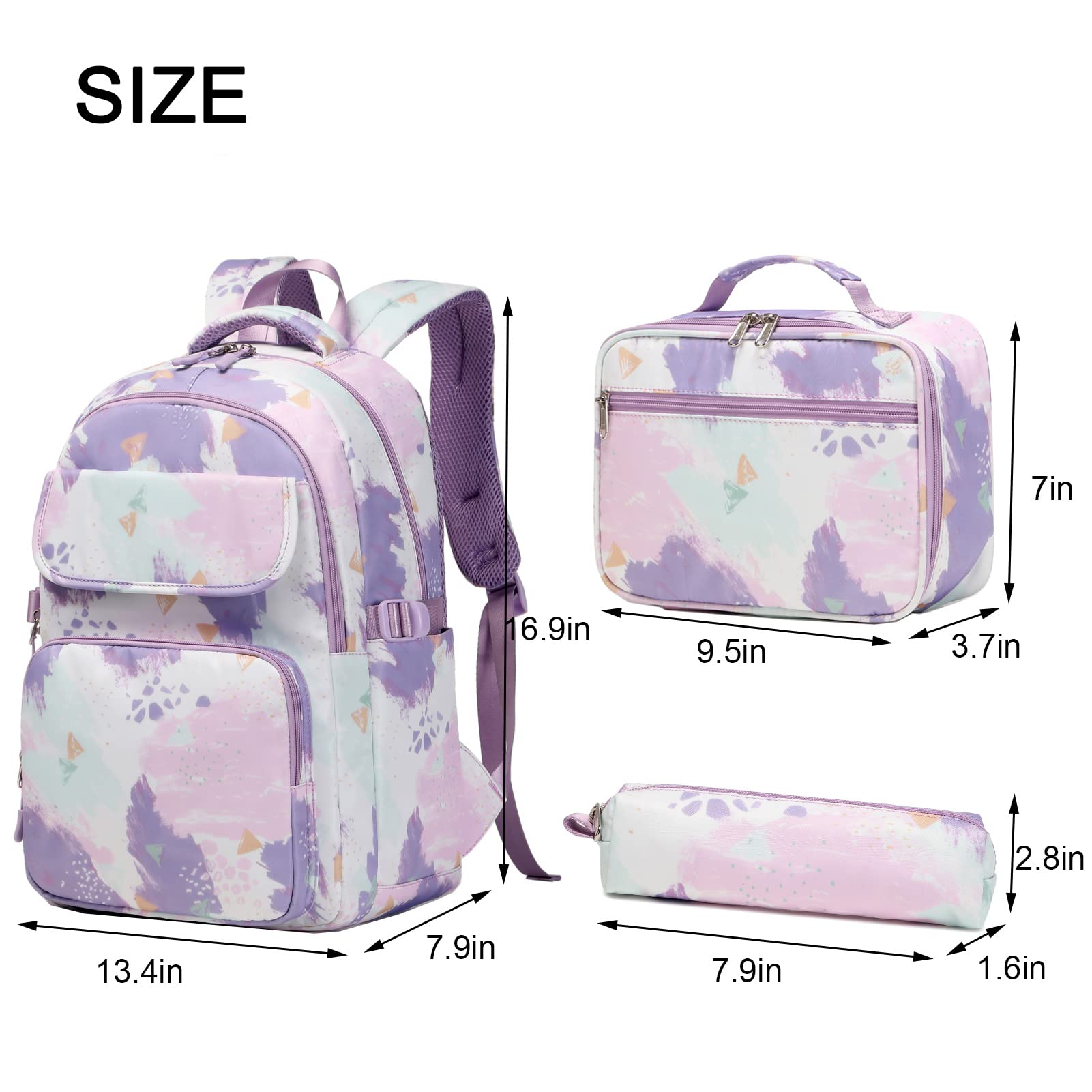 Rexmore Kids Backpack for Girls,3 Pcs Set Elementary Bookbag Waterproof Cute School Bag with Multi Pockets and Compartment,Purple