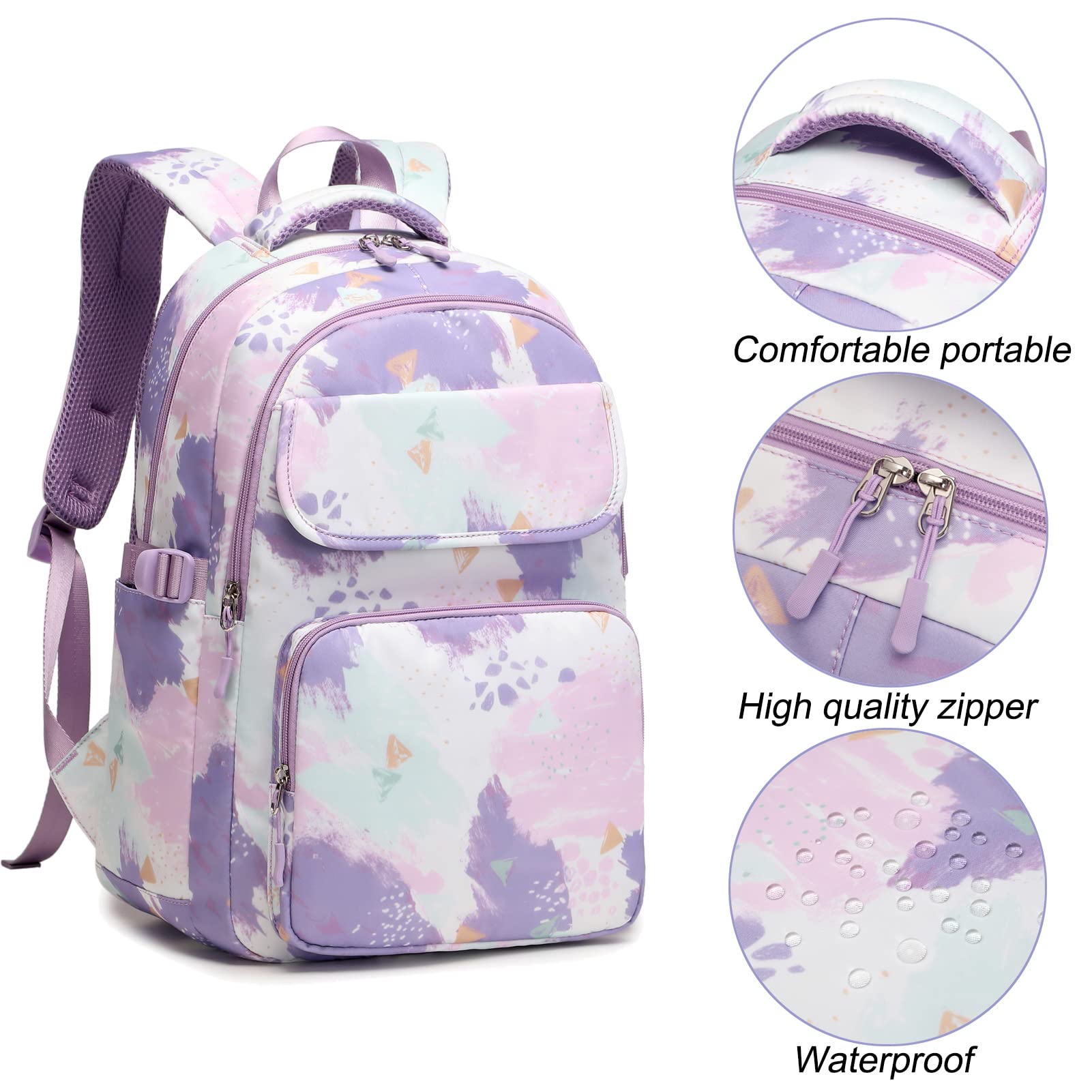 Rexmore Kids Backpack for Girls,3 Pcs Set Elementary Bookbag Waterproof Cute School Bag with Multi Pockets and Compartment,Purple