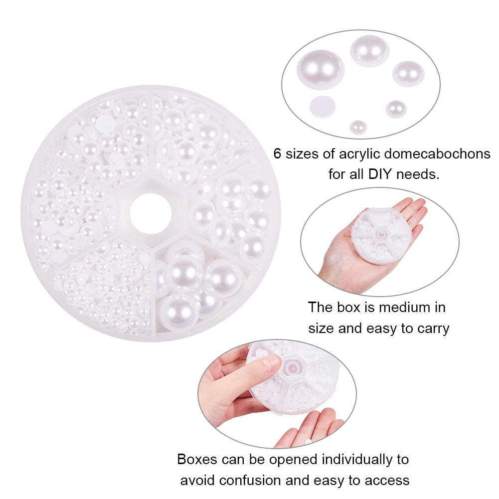 PH PandaHall 6 Sizes White Flat Back Pearl Cabochon 690pcs Flat Pearls Gems for Shoes Crafts Scrapbooking Embellishment Makeup Wedding Diamond Phone Nail Making 4mm 5mm 6mm 8mm 10mm 12mm