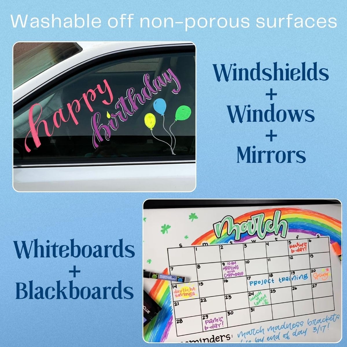 MoodClue liquid chalk markers for glass, mirrors, windows, car windshields, auto, white boards, glass boards, chalkboards. 6 neon. Reversible - thick, thin tip. Washable, erasable. Wet or dry erase.