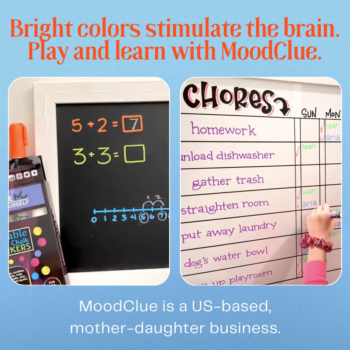 MoodClue liquid chalk markers for glass, mirrors, windows, car windshields, auto, white boards, glass boards, chalkboards. 6 neon. Reversible - thick, thin tip. Washable, erasable. Wet or dry erase.