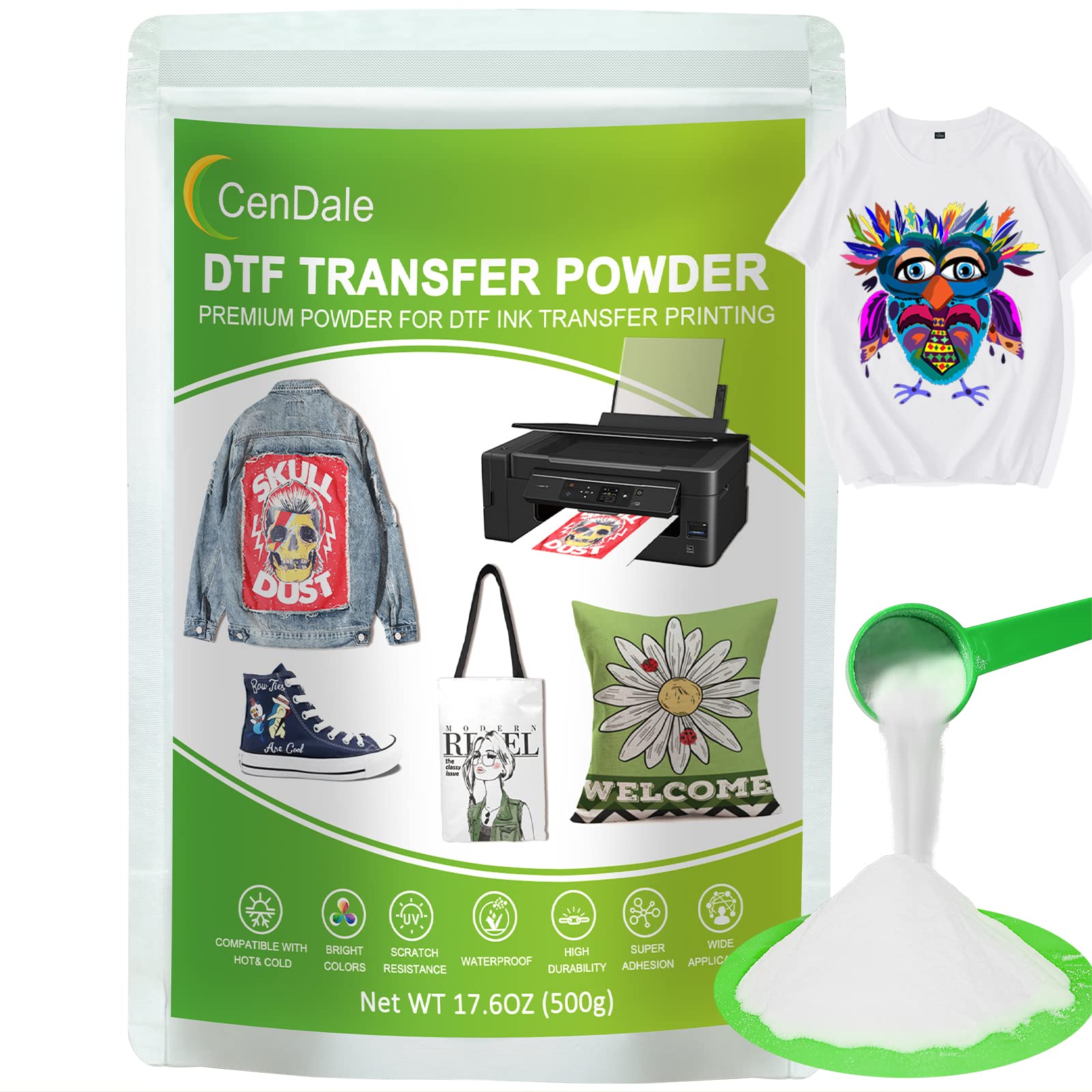 DTF Powder, 500g DTF Adhesive Powder,White Digital Transfer DTF Powder for Sublimation, DTF Hot Melt Adhesive Powder for All DTF and DTG Printers, DTF PreTreat Transfer Powder for All Color/Fabric