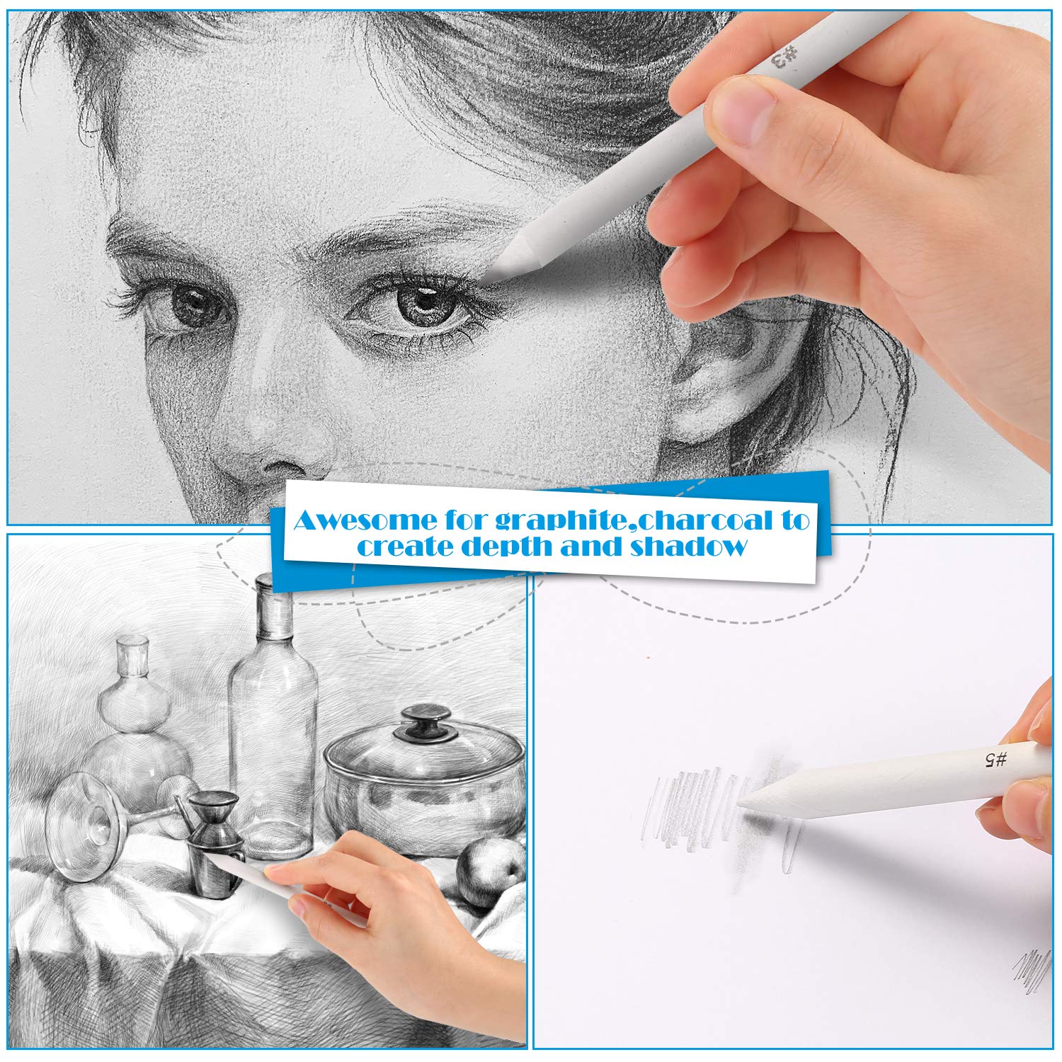 22 PCS Sketch Drawing Tools, AGPTEK 16 Blending Stumps Set with 2 Sandpaper Pencil Sharpeners, 1 Pencil Extension Tool, 2 Erasers & 1 Felt Bag for Student Sketch Drawing Accessories
