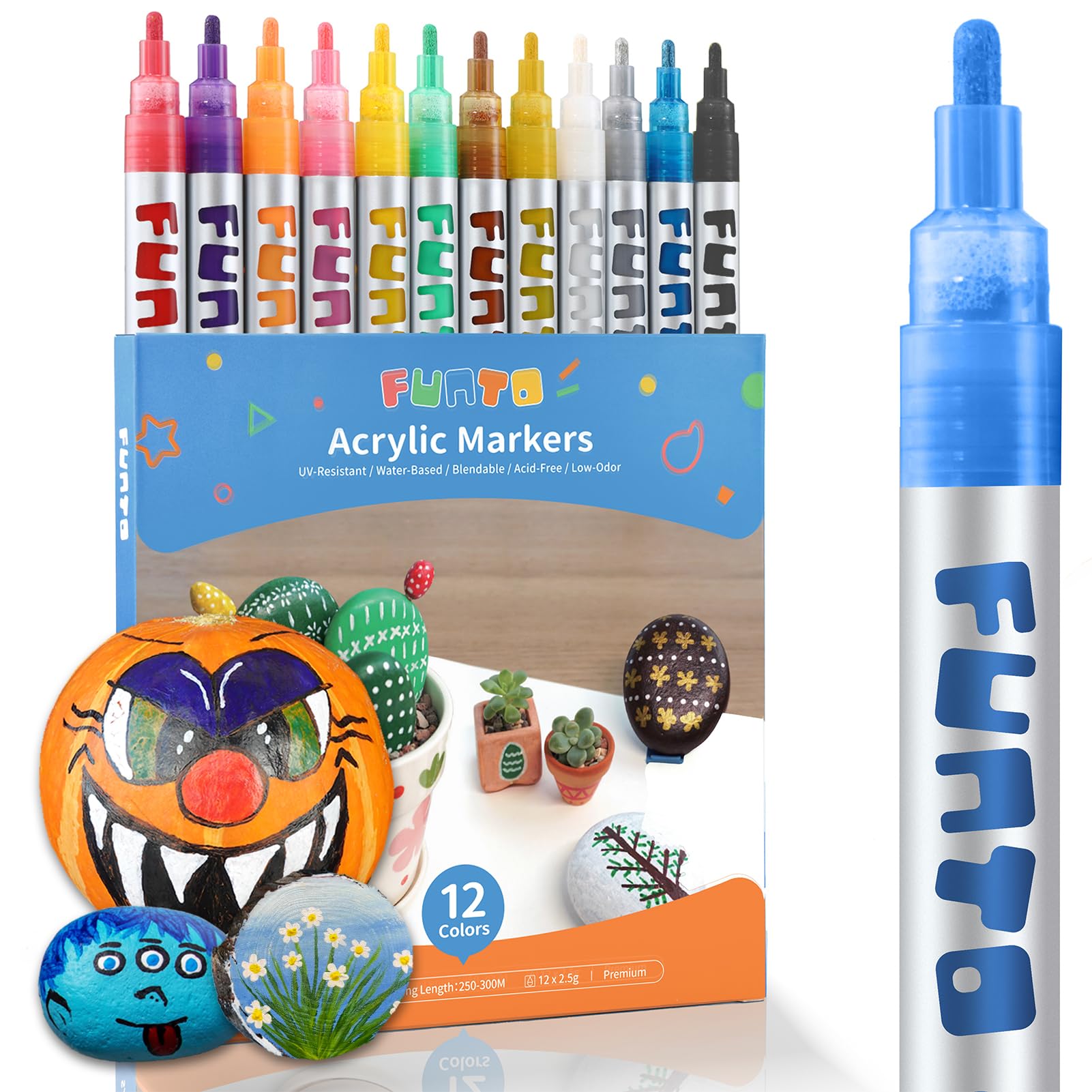 Funto Acrylic Paint Pens for Rock Painting, Fabric, Wood, Canvas, Metal, Ceramic, Glass, Scrapbooking Craft,12 Colors Paint Marker Set, Medium Tip, Non-Toxic, Quick Drying