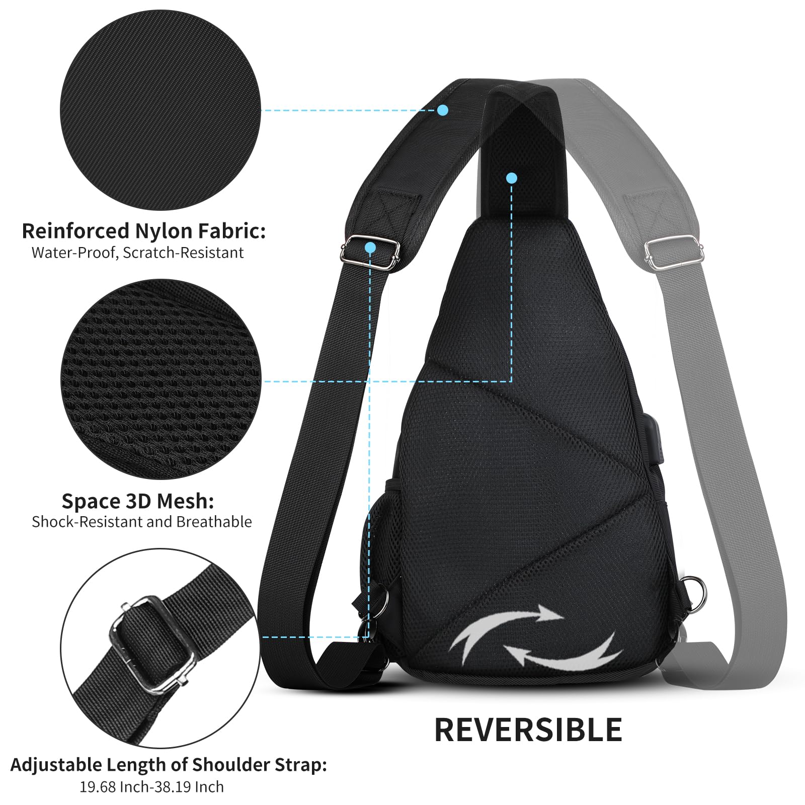 AMJ Crossbody Sling Bag, Shoulder Backpack Men Women, Chest Satchel Daypack for Hiking Travel (Black)