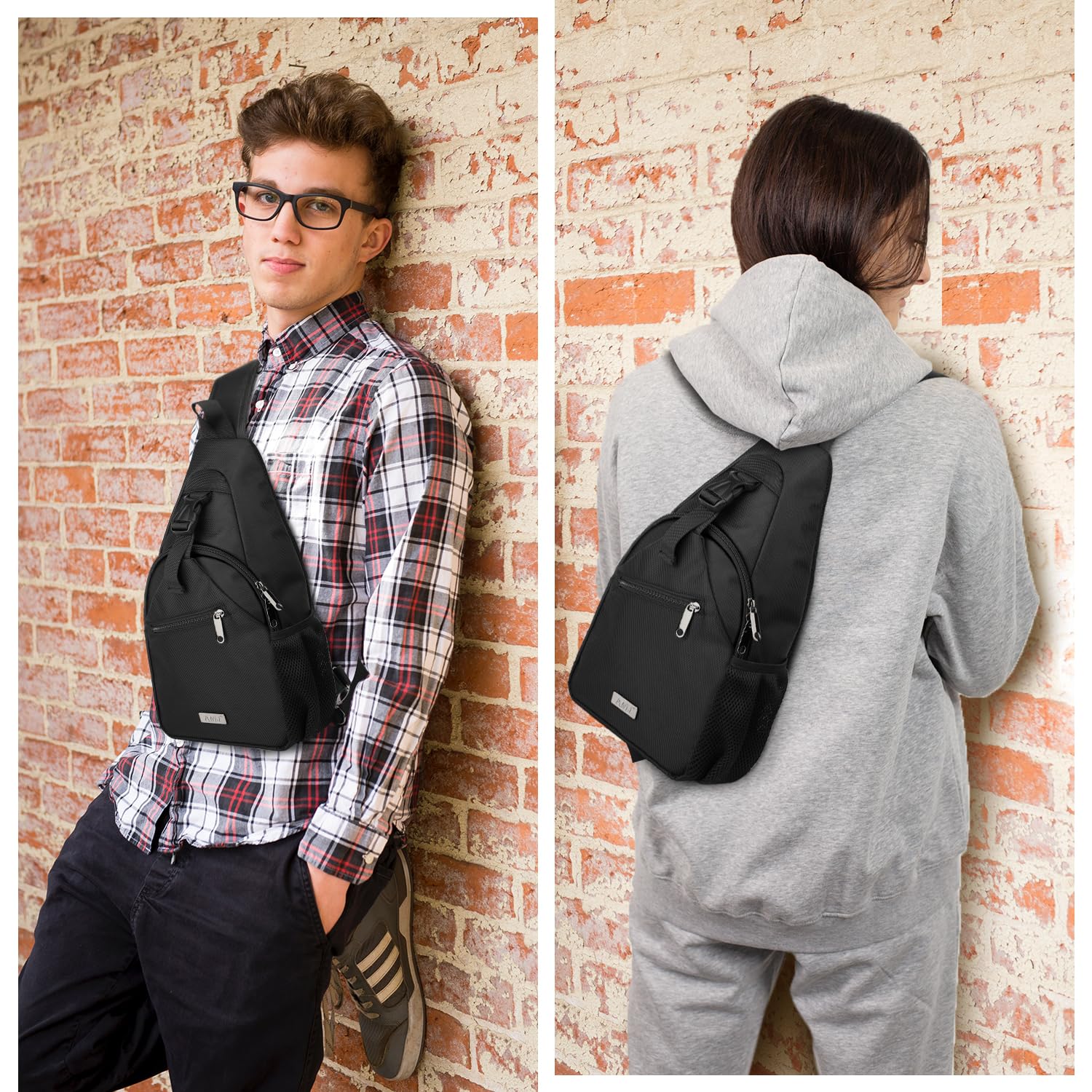 AMJ Crossbody Sling Bag, Shoulder Backpack Men Women, Chest Satchel Daypack for Hiking Travel (Black)
