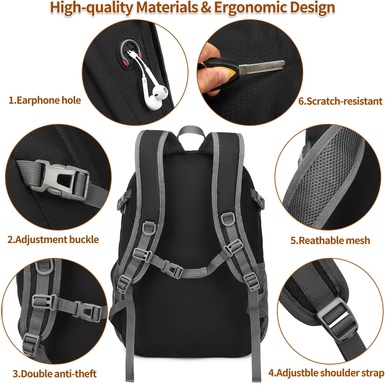 JIELV 30L Lightweight Foldable Waterproof Packable Daypack Small Hiking Backpack Travel Camping Outdoor for Men Women(Black)