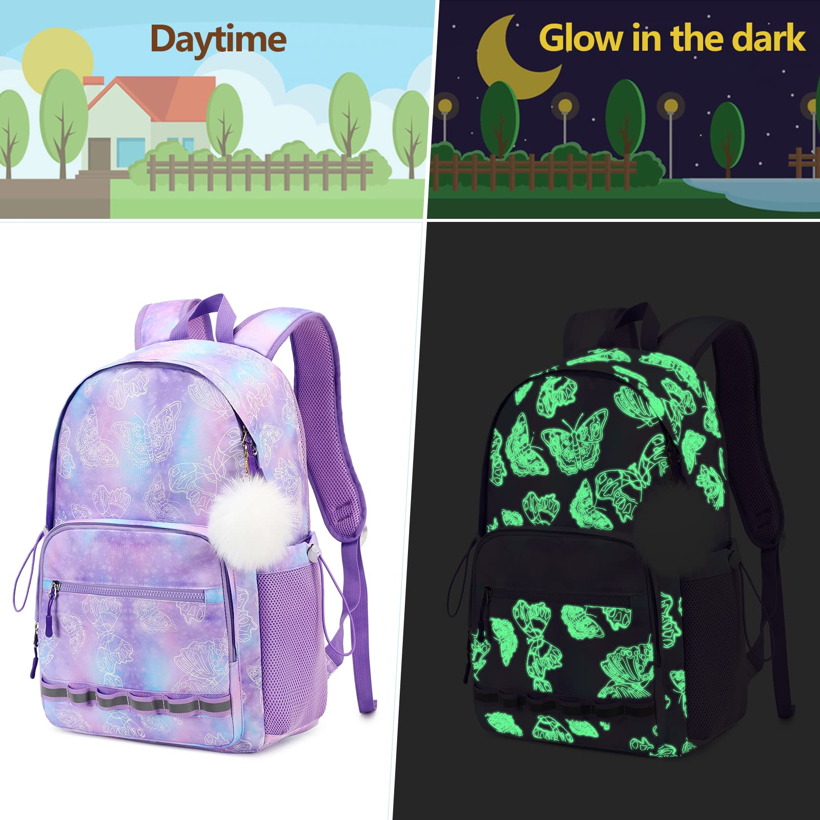 CAMTOP Backpack for Girls Luminous Water Resistant Lightweight School BookBag Casual Daypack for School Travel Hiking (Purple Butterfly)