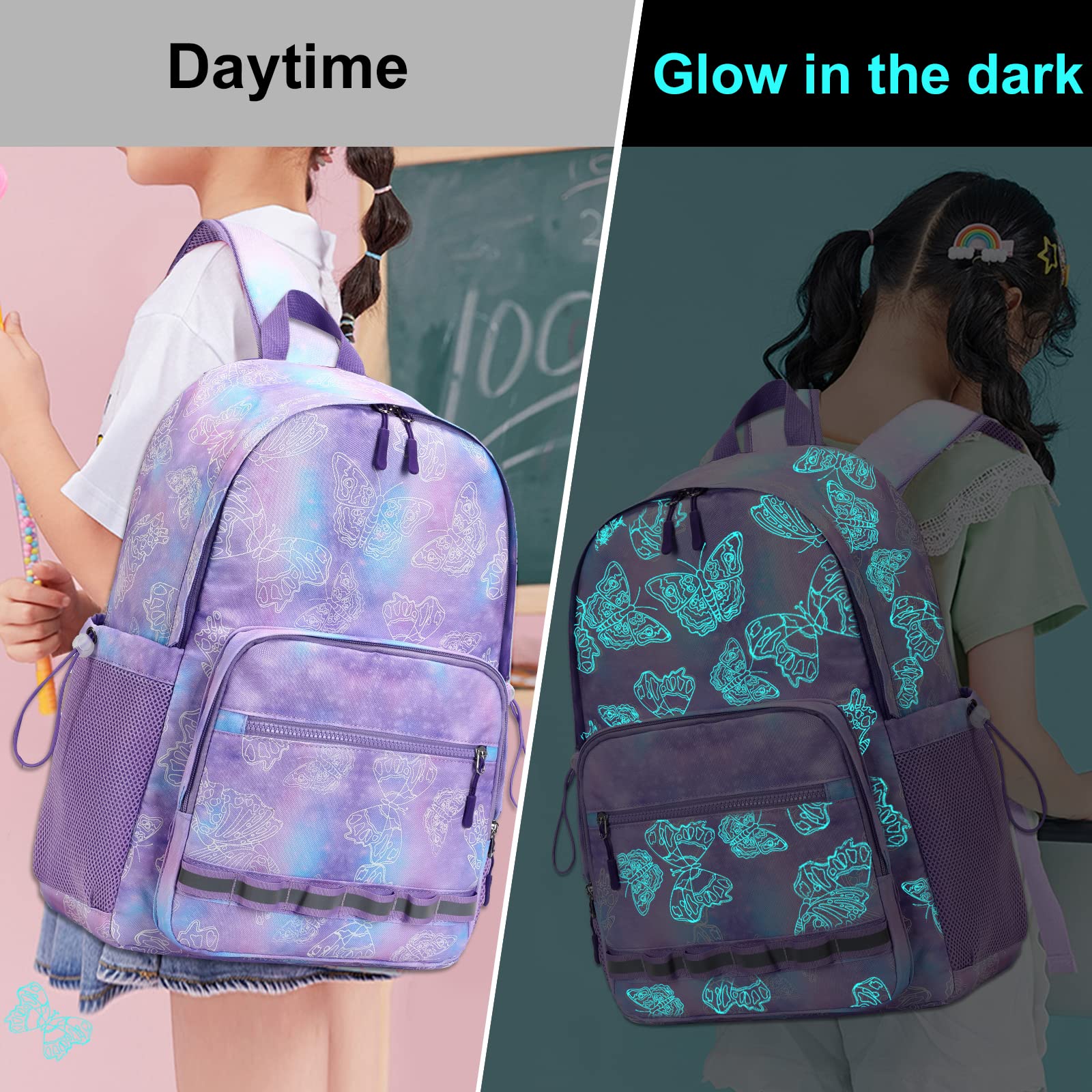 CAMTOP Backpack for Girls Luminous Water Resistant Lightweight School BookBag Casual Daypack for School Travel Hiking (Purple Butterfly)