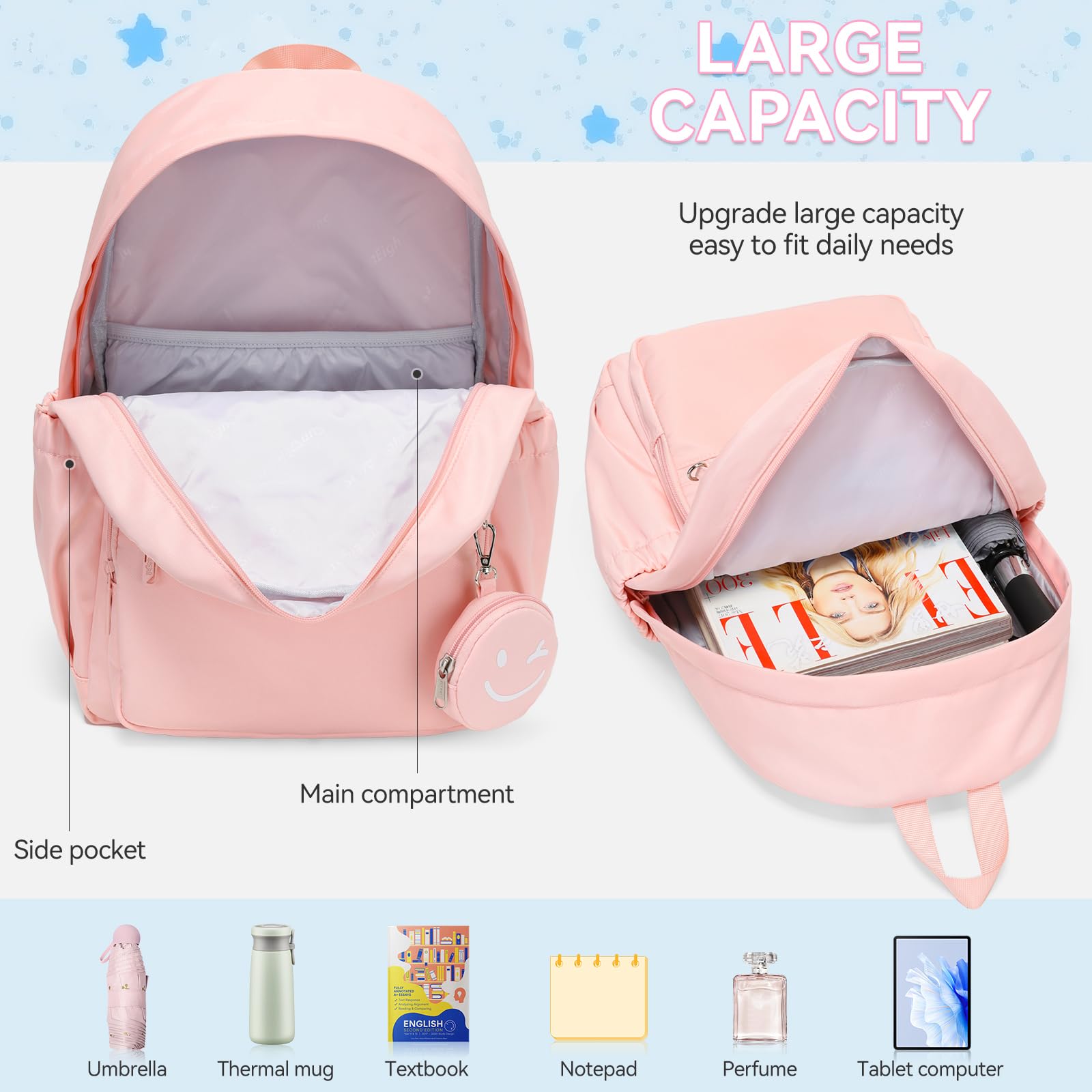 Reqinqin Kids Backpack for Girls Waterproof Large Space School Backpack Suitable for Age Over 5 years old Ultralight Pink Travel Toddler Backpack(Pink)