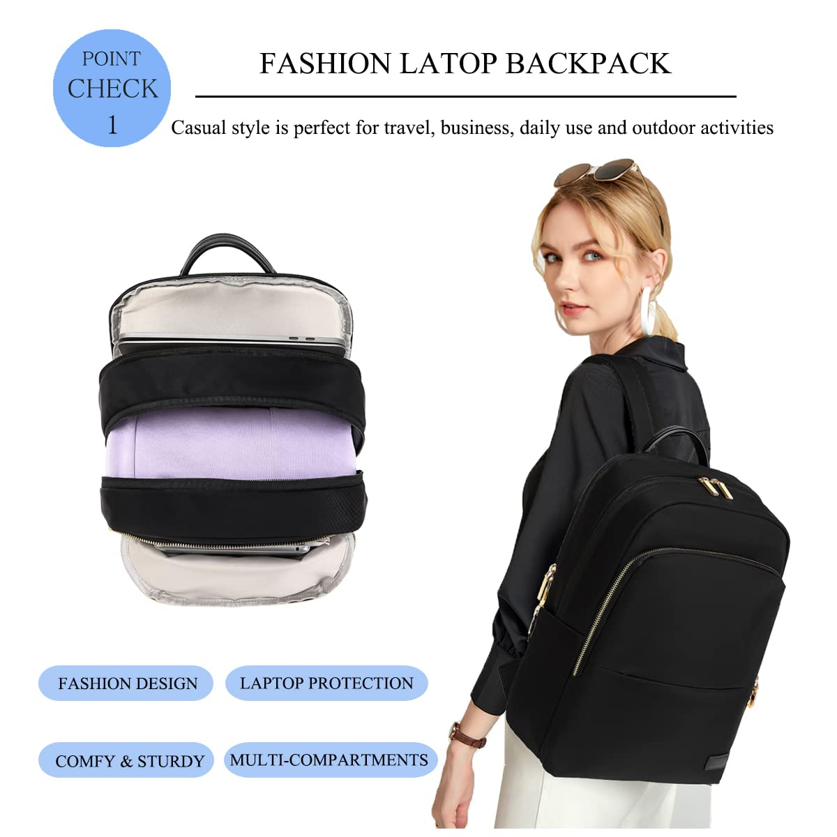 Shaelyka Lightweight Laptop Backpack for Women, Fit for 14 inches Laptop, Water-resistant Travel Backpack, Black