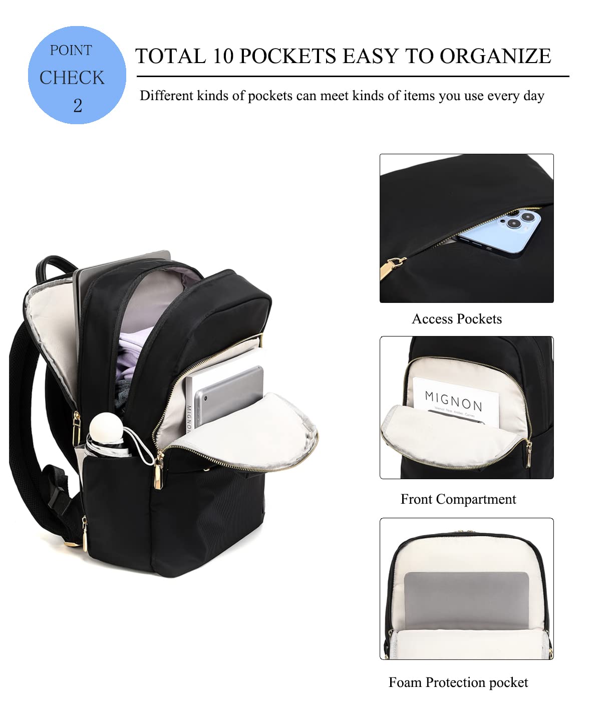 Shaelyka Lightweight Laptop Backpack for Women, Fit for 14 inches Laptop, Water-resistant Travel Backpack, Black