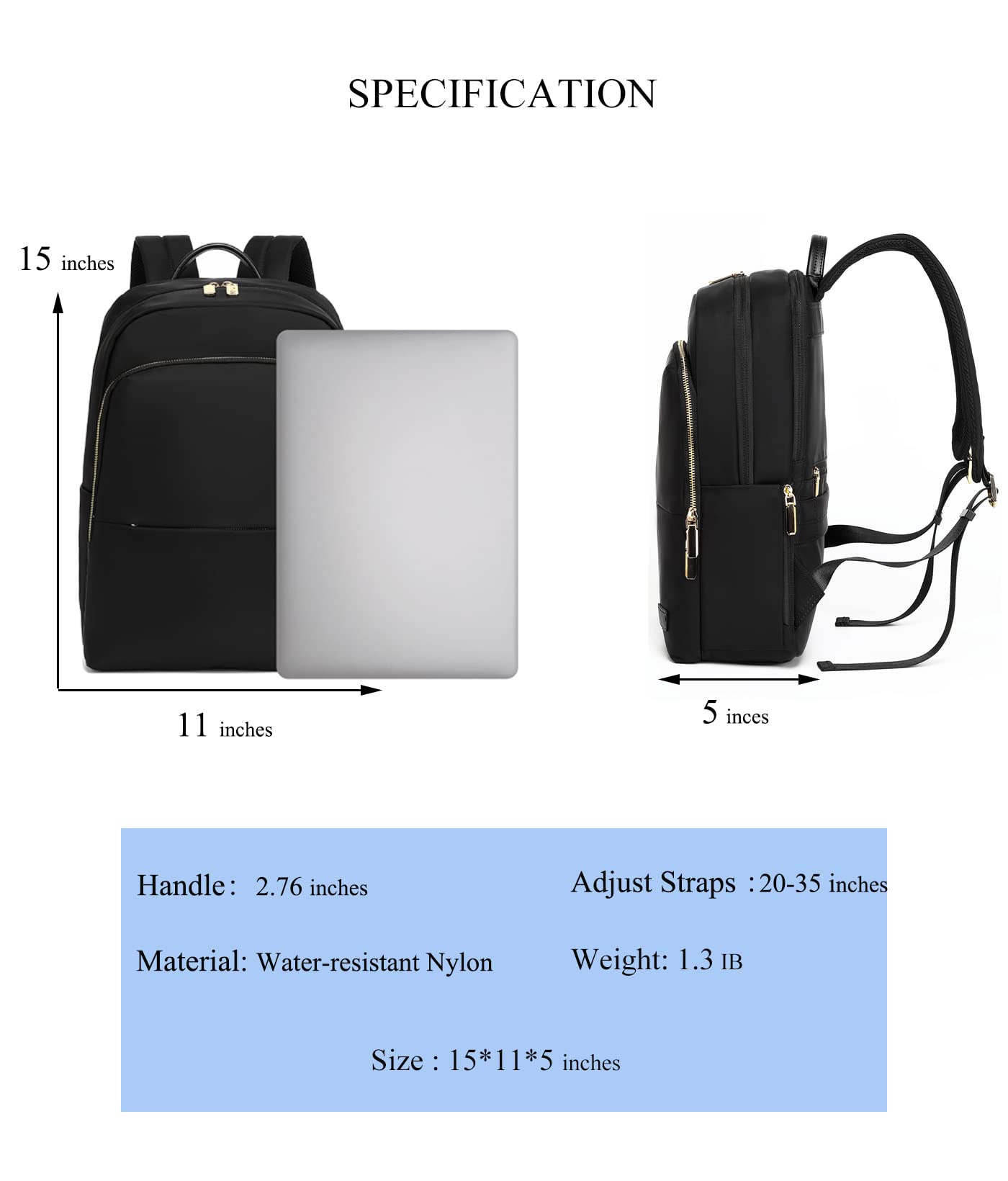 Shaelyka Lightweight Laptop Backpack for Women, Fit for 14 inches Laptop, Water-resistant Travel Backpack, Black