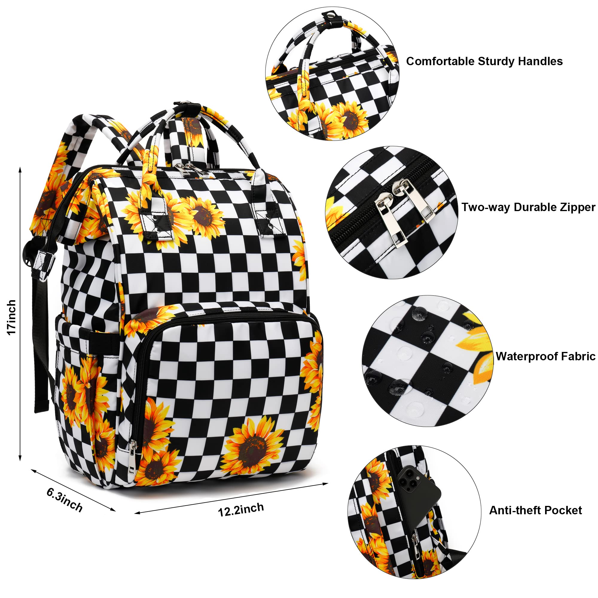 Laptop Backpack for Women, 15.6 inch College School Backpacks Bookbag for Work/School/Travel/Business (Checkered Sunflower)