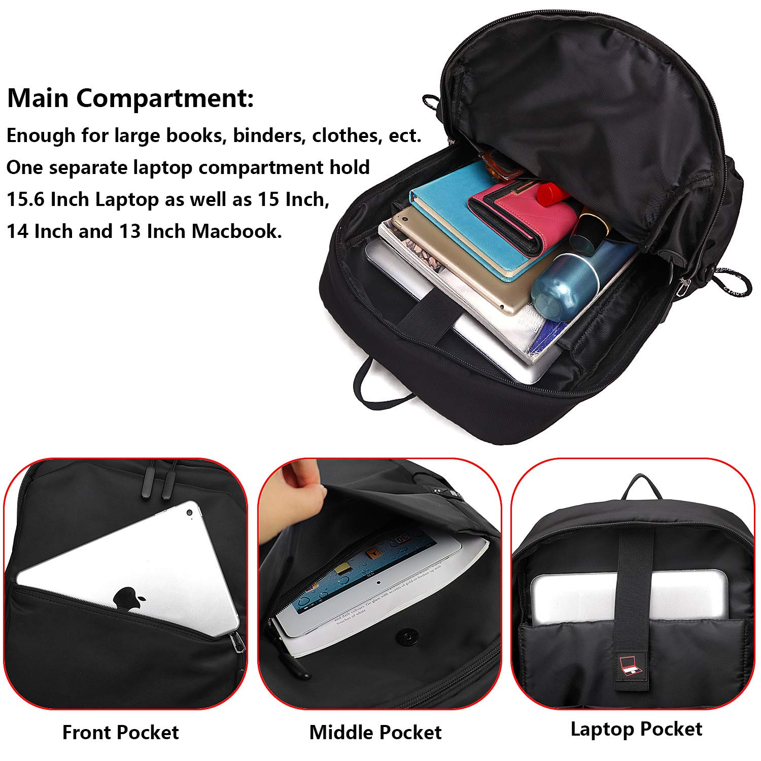 Sport Backpack College School Bookbag 15.6 Inch Laptop Backpacks Casual Daypack with USB Charging Port Headset Port for Men Women (Black)