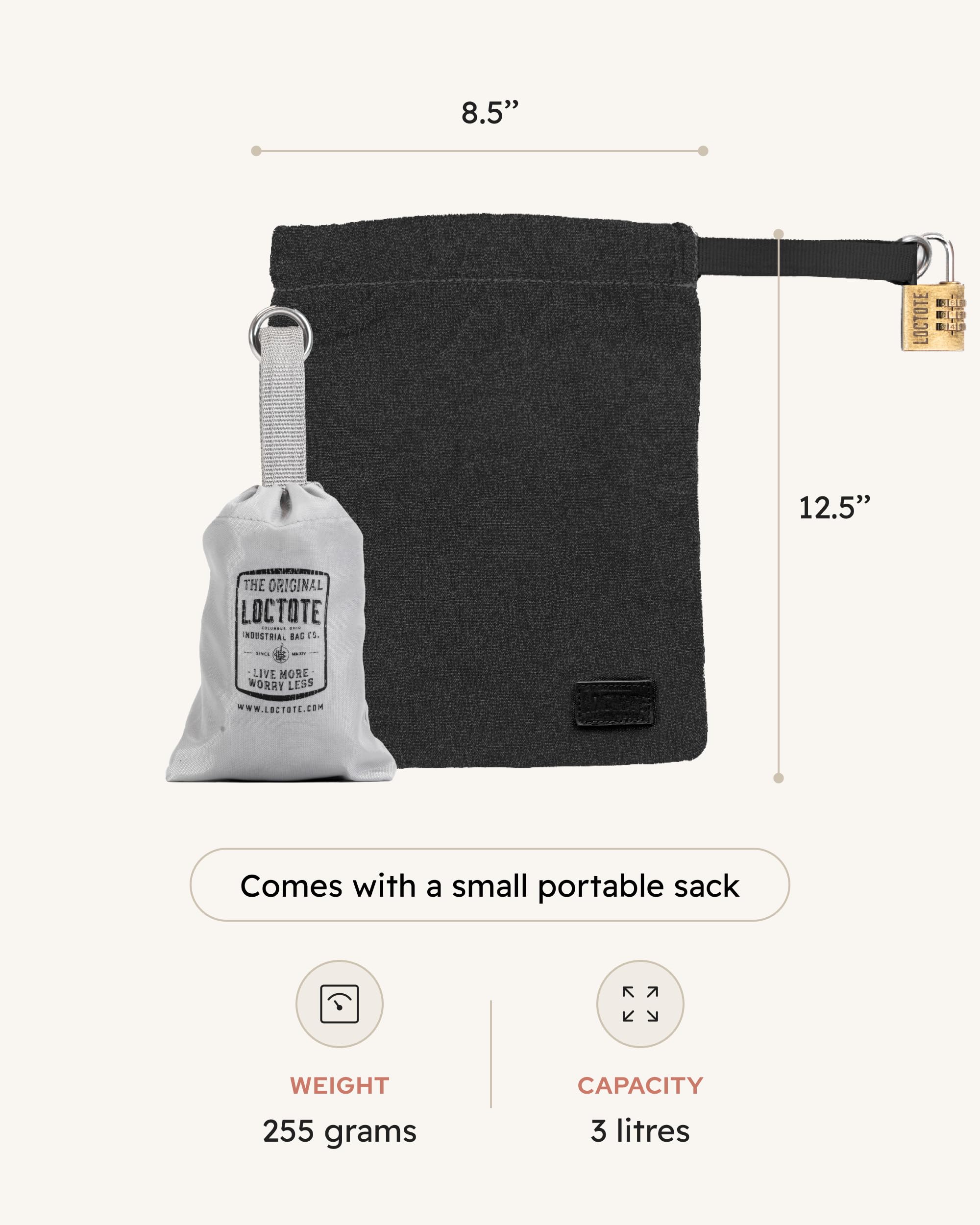 Loctote AntiTheft Sack 3L | Portable Travel Safe | Cut-Resistant , RFID Blocking and Water Resistant | Money Bag with Lock | Beach Safe | Travel Pouch | Beach Lock Box for Valuables (Tahitian Tan)