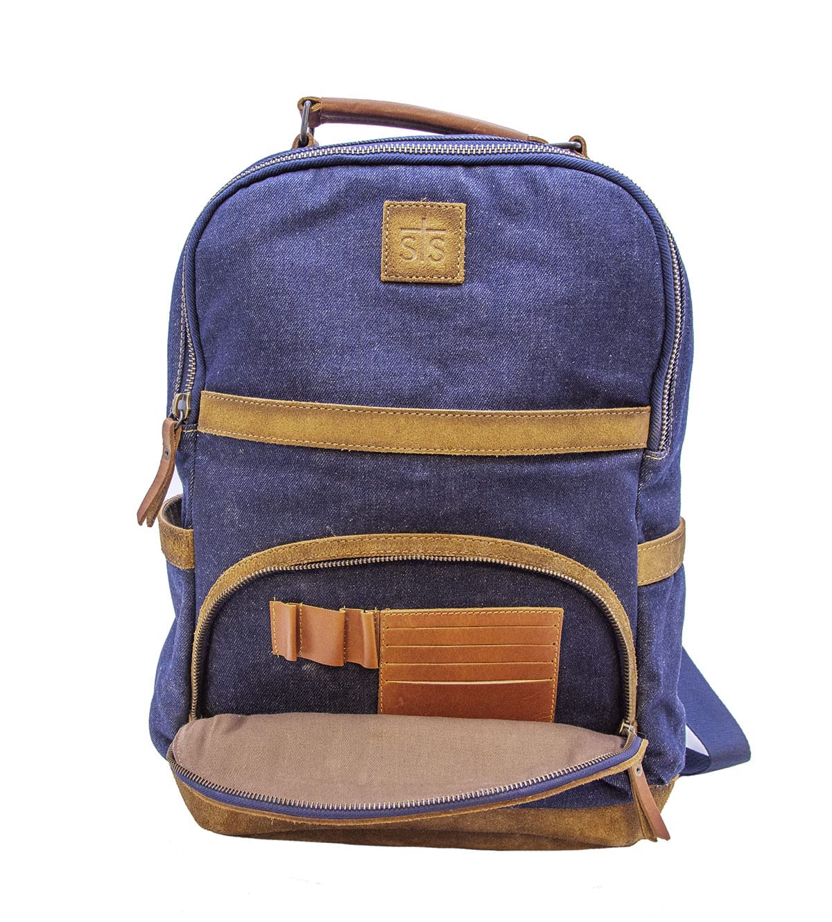 STS Ranchwear Traveling Outdoor Casual Everyday Blue Bayou Collection Denim Backpack with Adjustable Leather Shoulder Straps, One Size