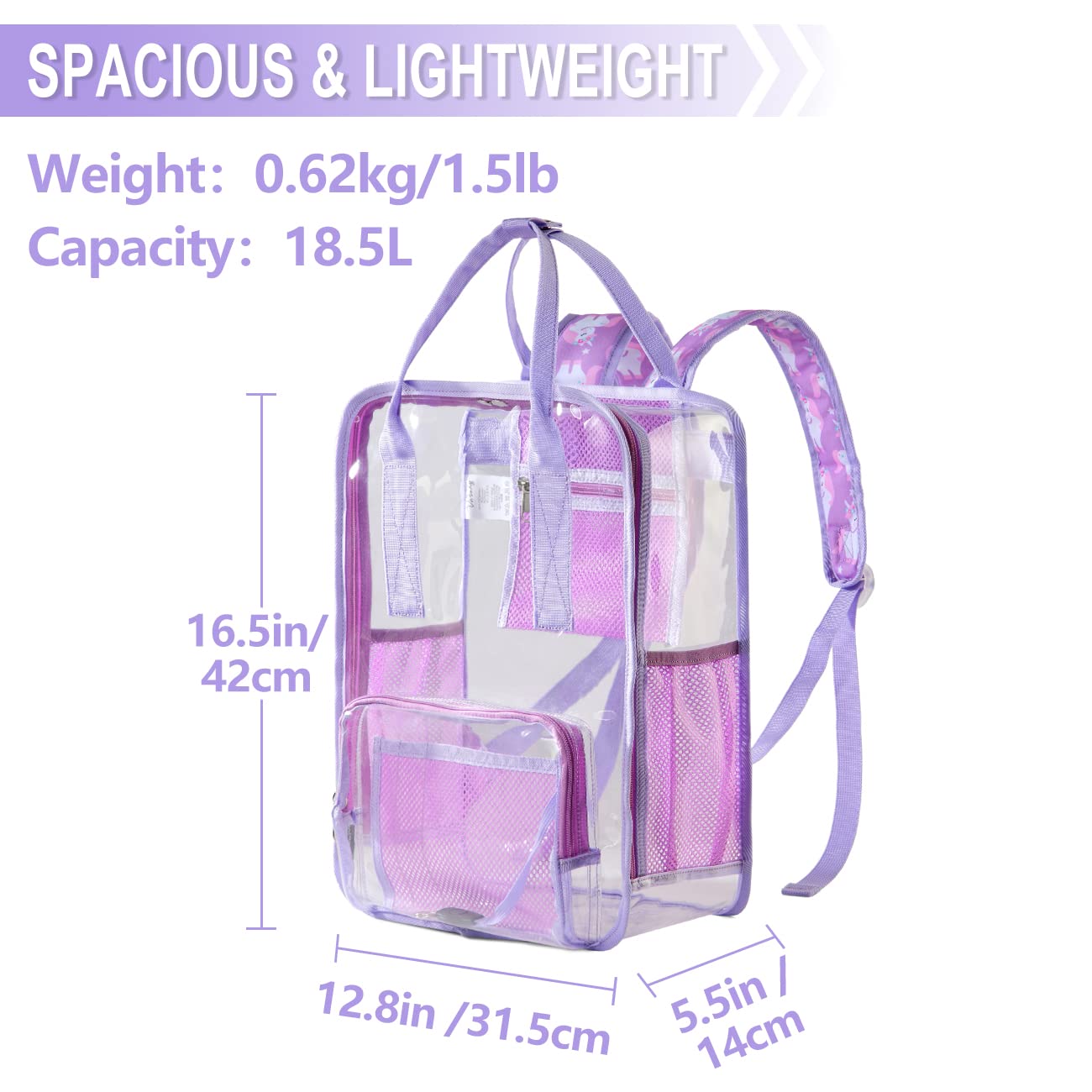 VASCHY Clear backpack for Women, Heavy Duty Transparent See Through Stadium Approved Square Backpack for Teen Girls Bookbag Schoolbag Unicorn
