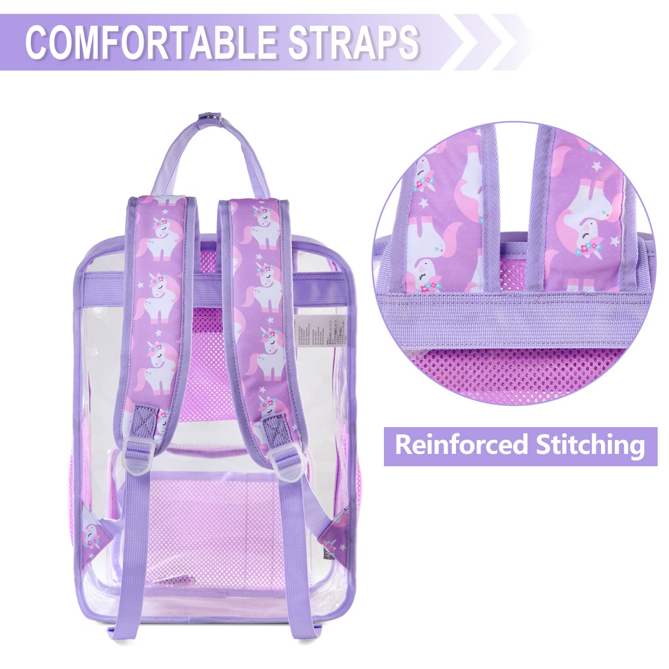VASCHY Clear backpack for Women, Heavy Duty Transparent See Through Stadium Approved Square Backpack for Teen Girls Bookbag Schoolbag Unicorn