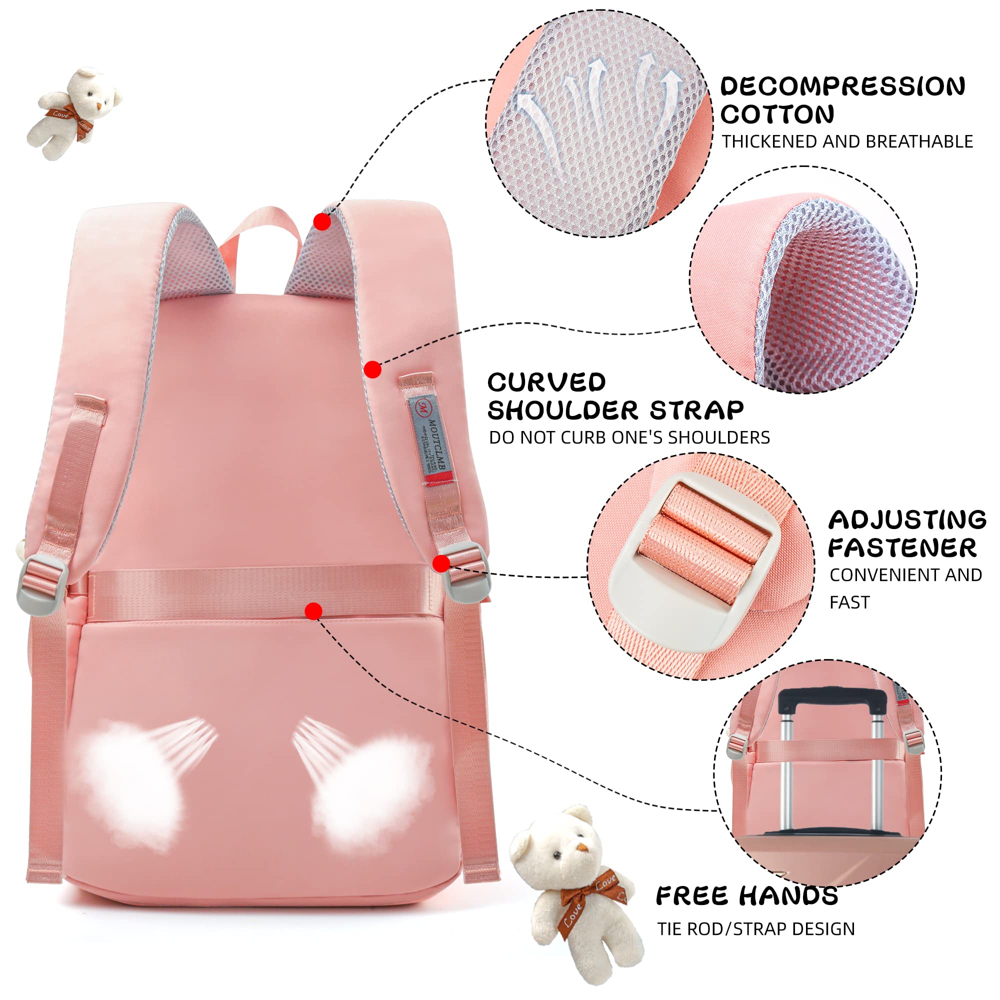 MOUTCLMB Kids backpack,Girls Backpack,Big-capacity School Backpacks 18.1*11.8*7.87in for Girls,School bags for Elementary Middle School High School,Send cute pendant(pink)