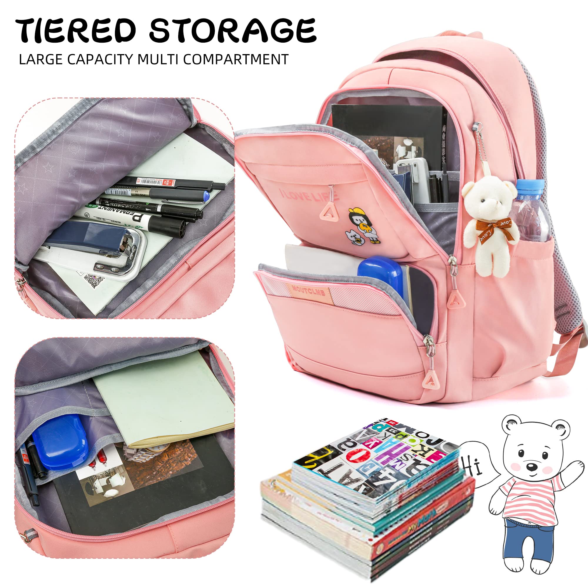 MOUTCLMB Kids backpack,Girls Backpack,Big-capacity School Backpacks 18.1*11.8*7.87in for Girls,School bags for Elementary Middle School High School,Send cute pendant(pink)