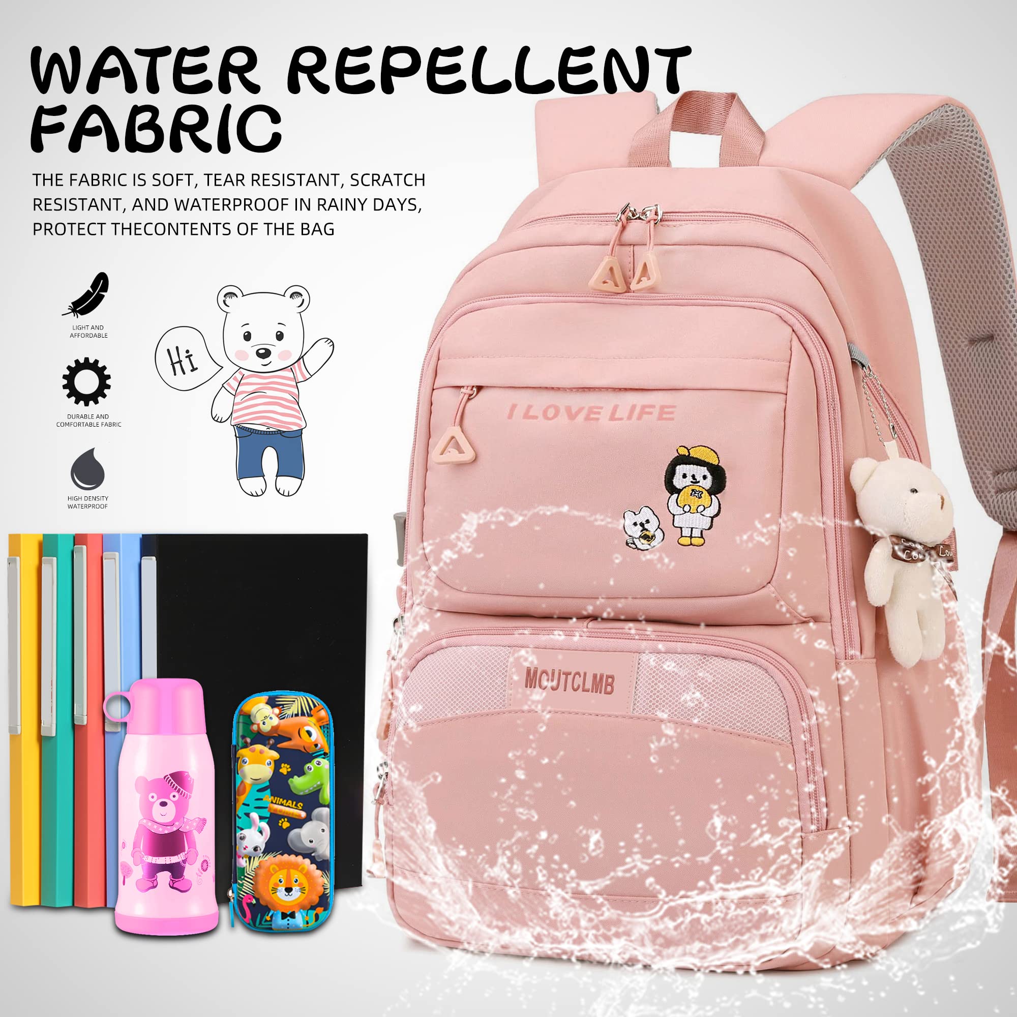 MOUTCLMB Kids backpack,Girls Backpack,Big-capacity School Backpacks 18.1*11.8*7.87in for Girls,School bags for Elementary Middle School High School,Send cute pendant(pink)
