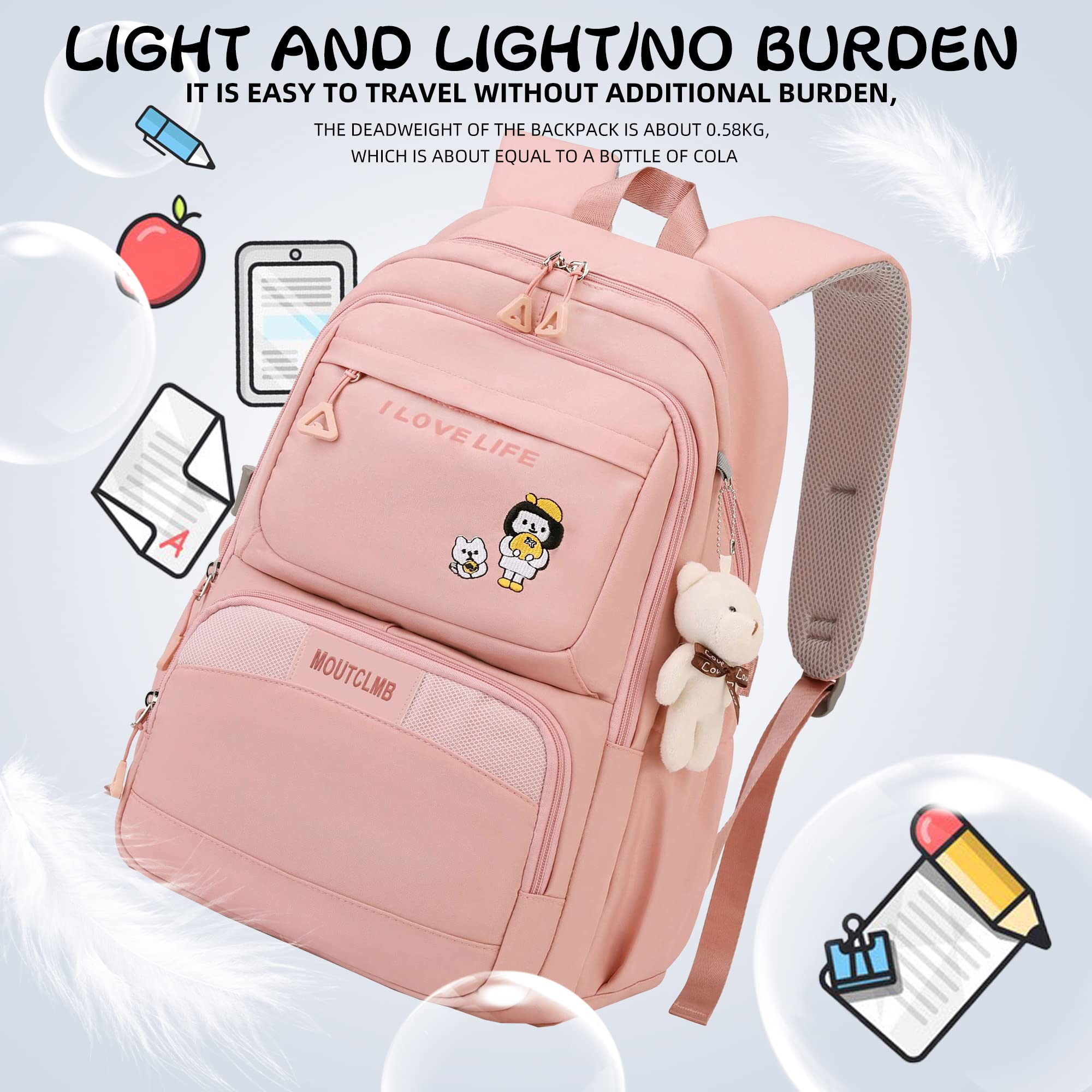 MOUTCLMB Kids backpack,Girls Backpack,Big-capacity School Backpacks 18.1*11.8*7.87in for Girls,School bags for Elementary Middle School High School,Send cute pendant(pink)