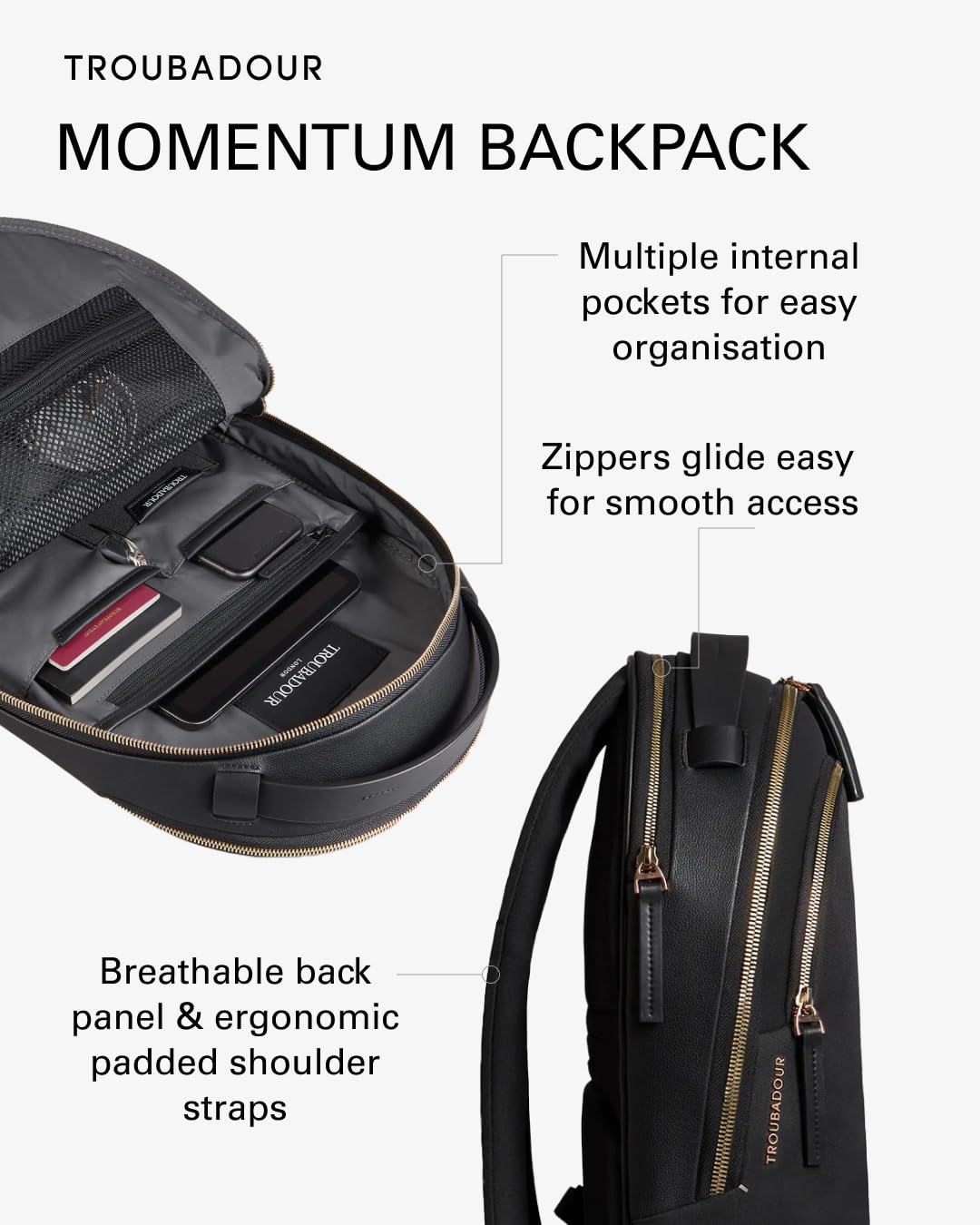 Troubadour Momentum Backpack - Multipurpose Luxury Backpack - Made from Lightweight, Waterproof, Vegan Materials - Spacious Organization - Perfect for Travel, Business, School, the Gym, or On-The-Go