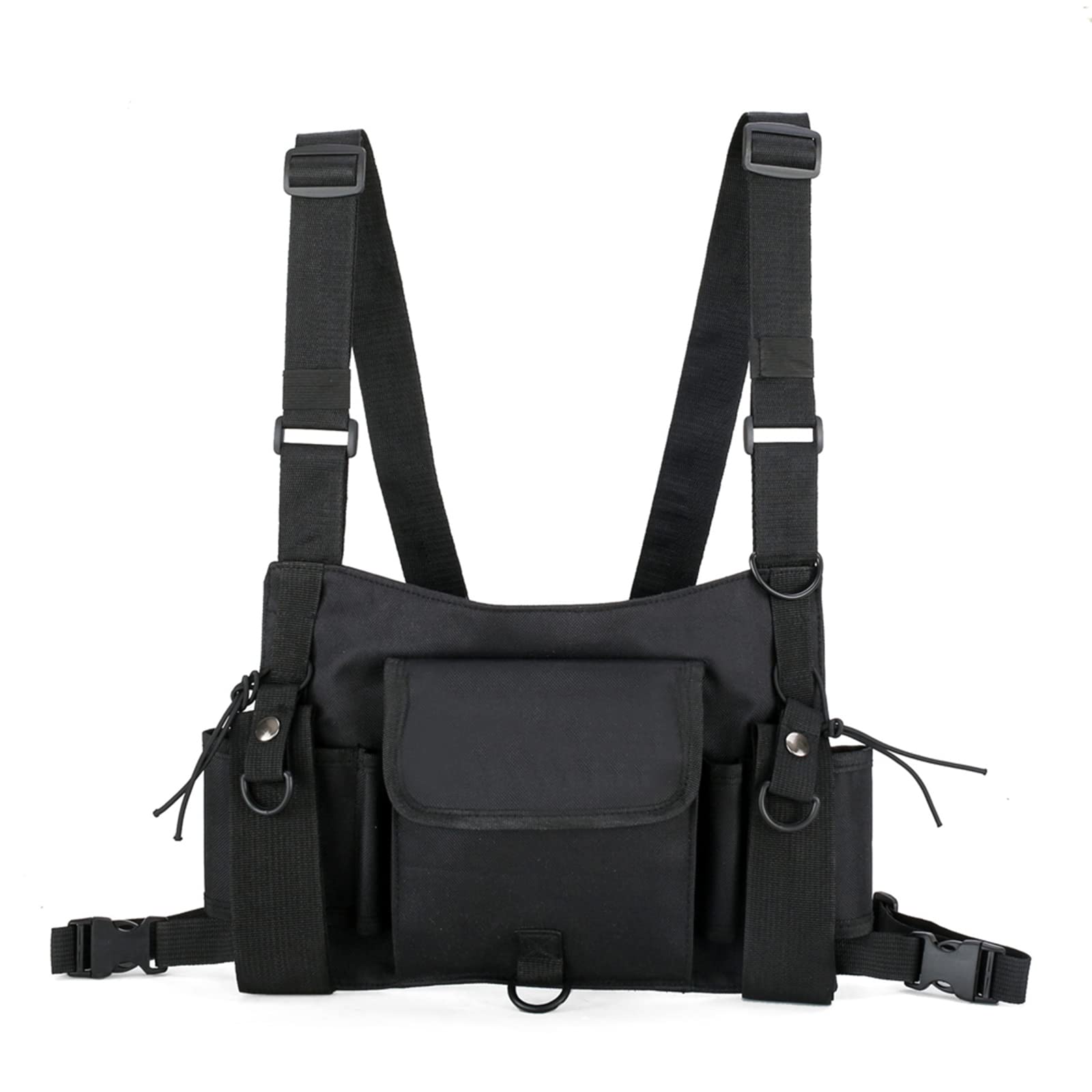 Chest Rig Bag Utility Vest Multi-Pocket Chest Bag for Men Hands Free Radio Front Pack Pouch Hip Hop Chest Pack Functional Tactical Harness for Women Running Exercise Hiking Camping (Black, Size L)