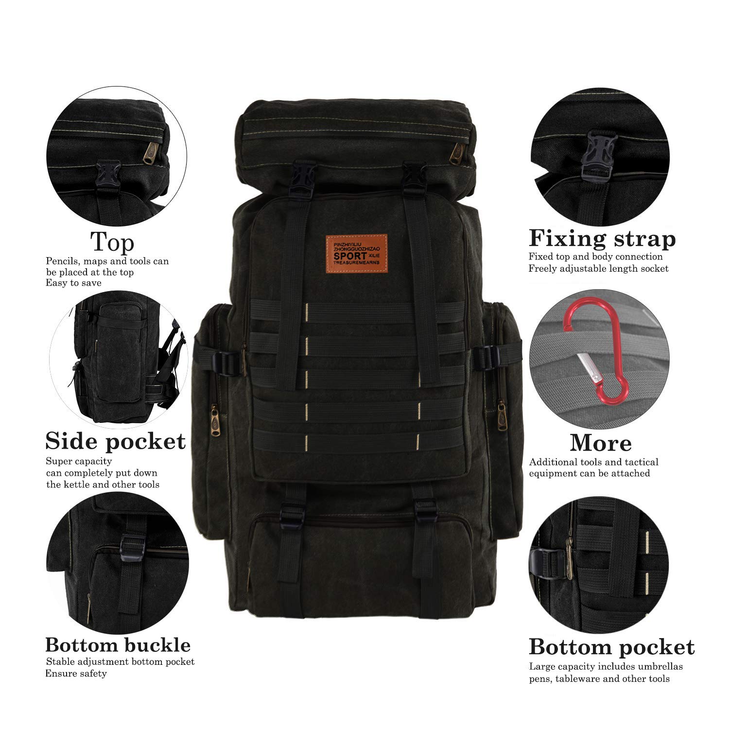 Tactical Hiking Backpack, Travel Daypacks 70 Liters Waterproof Mountain Sports Bags with Dust Cover (Black, 70L)