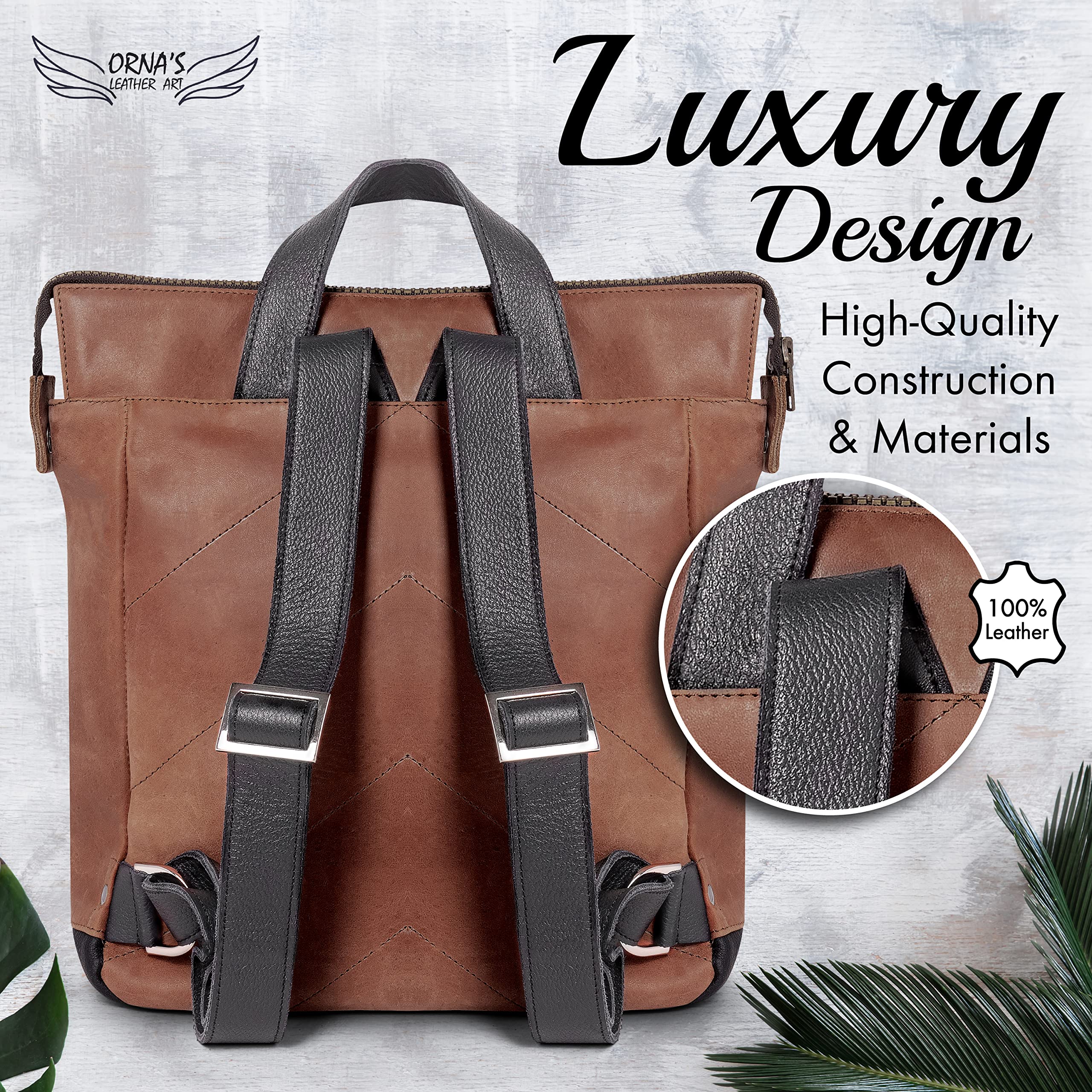 ORNA'S LEATHER ART | Medium Sized and Mini SWAN Everyday Leather Backpack Set. Real Leather in a Stylish Chic Backpack with Practical Contemporary Design