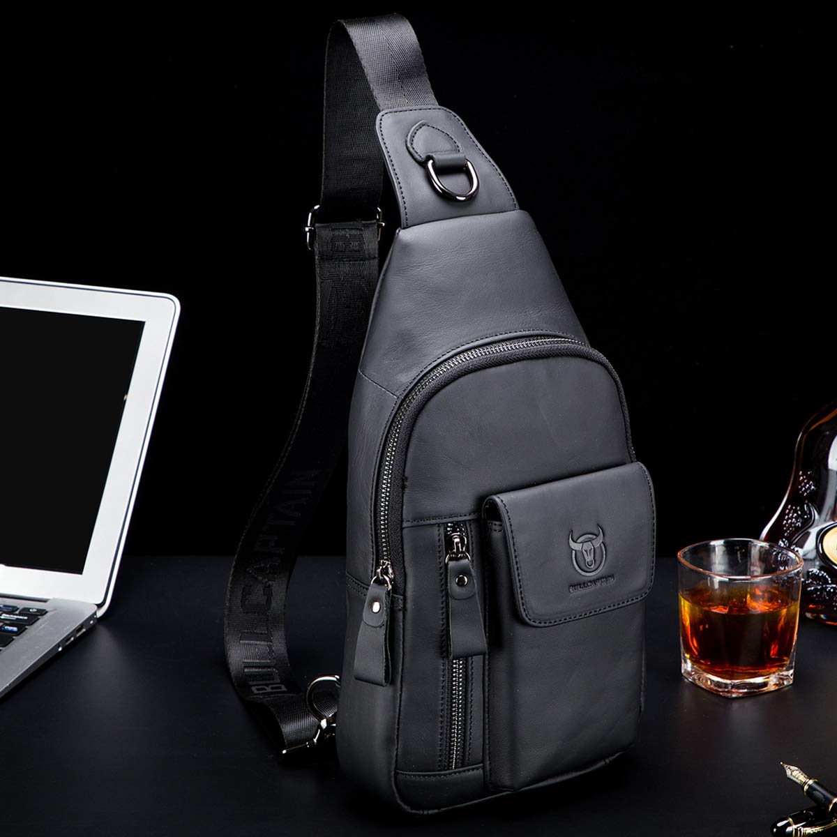 BULLCAPTAIN Genuine Leather Sling Backpack Multi-pocket Chest Bag Crossbody Daypack with Earphone Hole XB-121(Black)