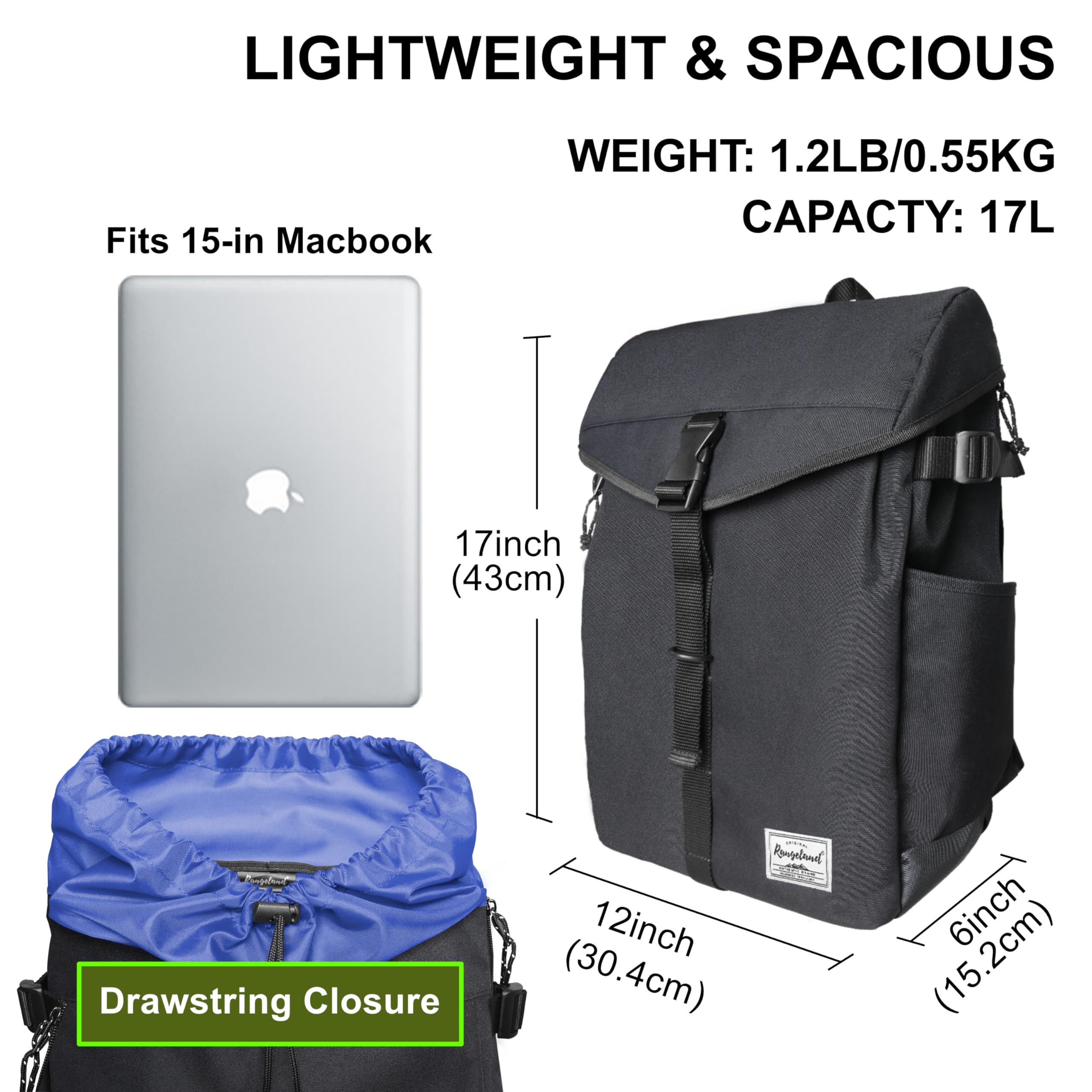 Rangeland Drawstring Flap Backpack Rucksack Lightweight Travel Laptop Backpack Carry-on Daypack 17L School Commute Gym Sport, All Black