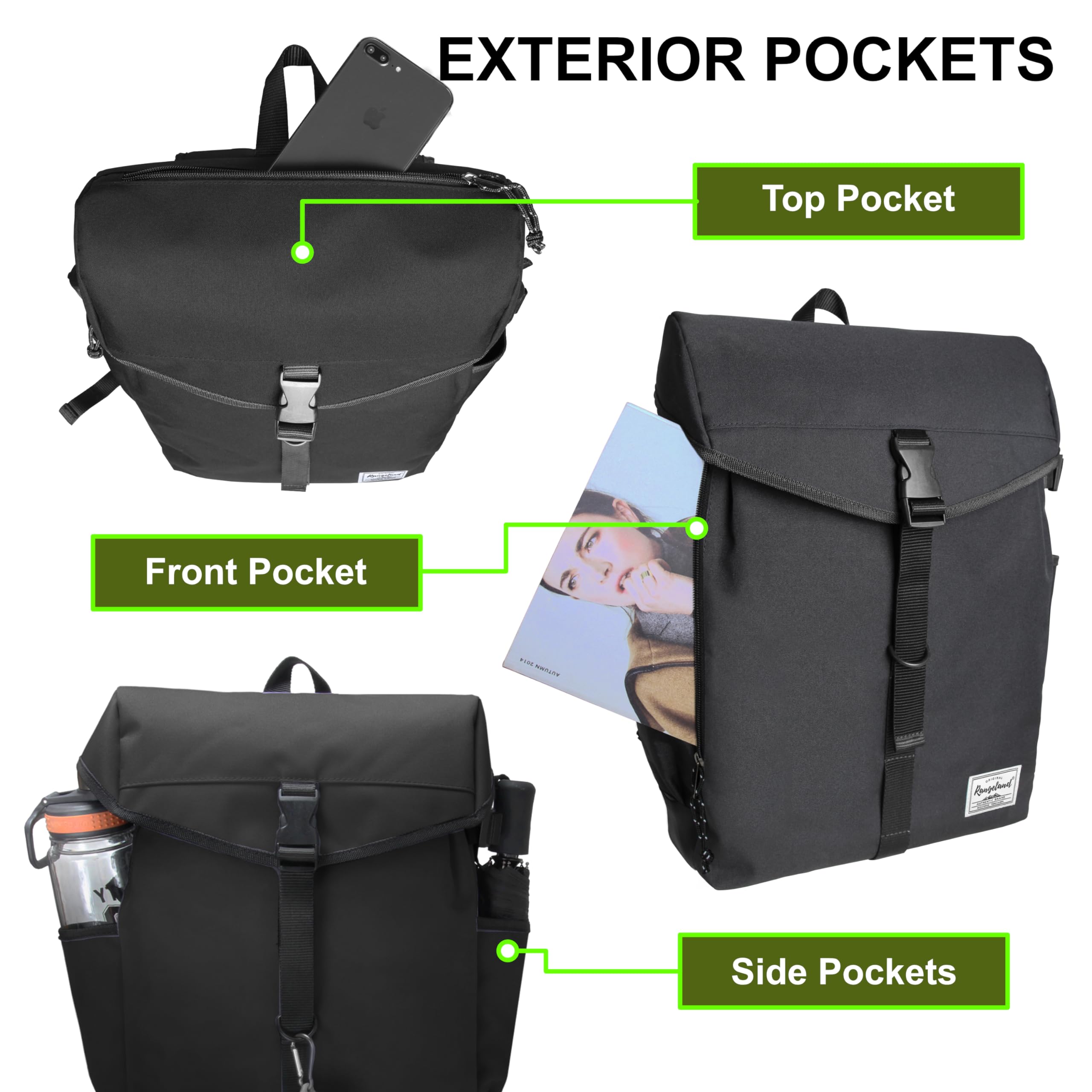 Rangeland Drawstring Flap Backpack Rucksack Lightweight Travel Laptop Backpack Carry-on Daypack 17L School Commute Gym Sport, All Black