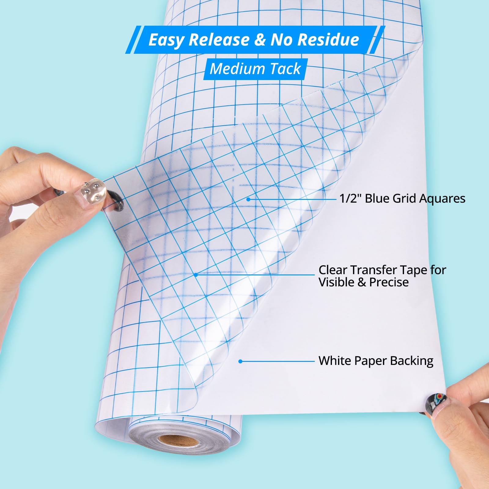 JANDJPACKAGING Transfer Tape for Vinyl - 12β x 50 FT w/Blue Alignment Grid for Adhesive Vinyl - Medium Tack Vinyl Transfer Tape for Silhouette Cameo