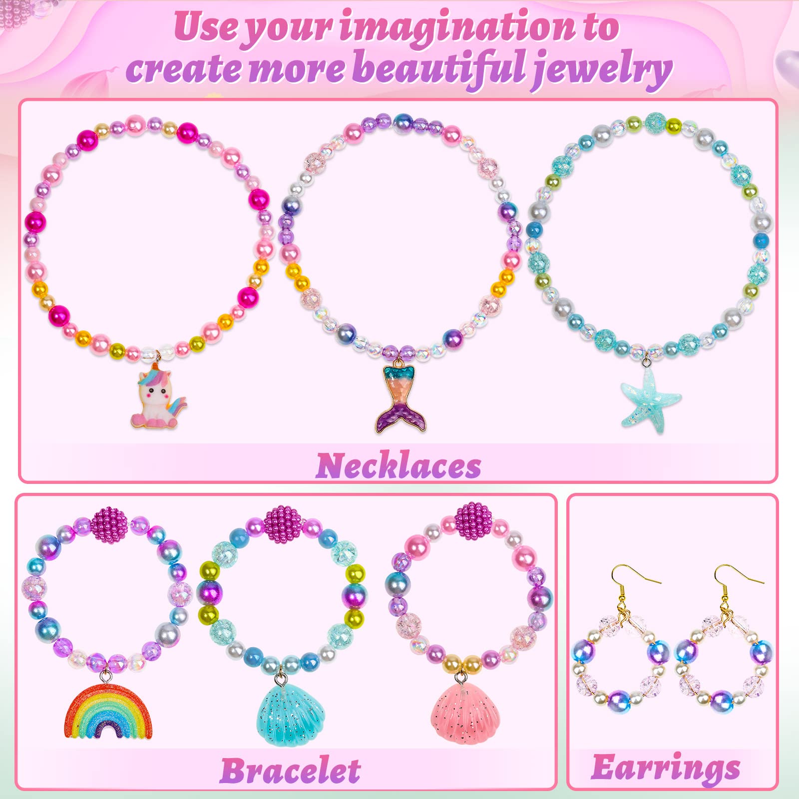 Cludoo 773Pcs Mermaid Charm DIY Beads for Jewelry Making, Unicorn DIY Bracelet Making Bead Kit for Kids Girls with Pearl Starfish Shell, Ocean Pearl Beads with Mermaid for Bracelet Necklace Making