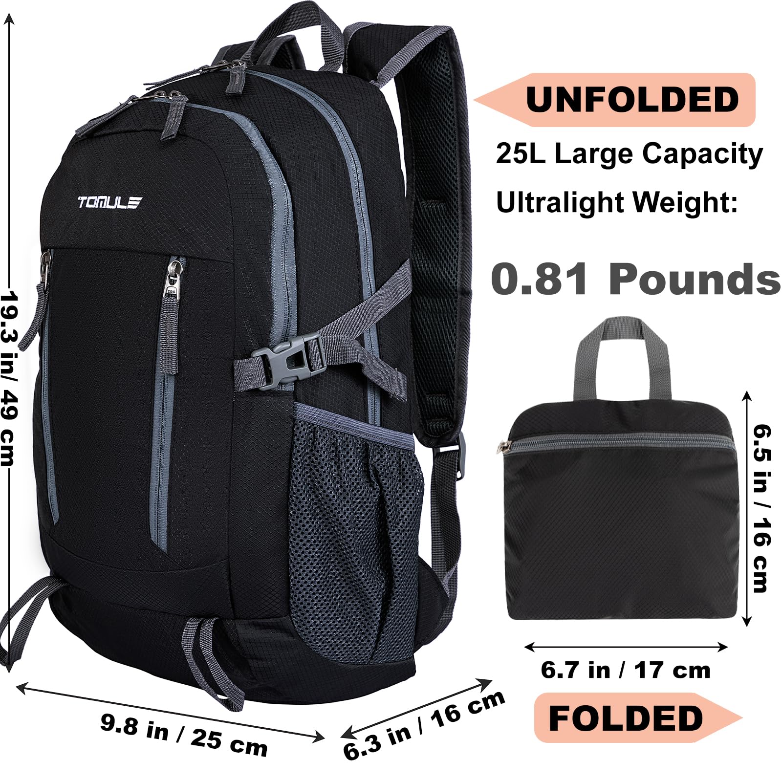 TOMULE 25L Small Hiking Backpack Travel Daypack, Water Resistant Packable Camping Bike Backpack for Women Men