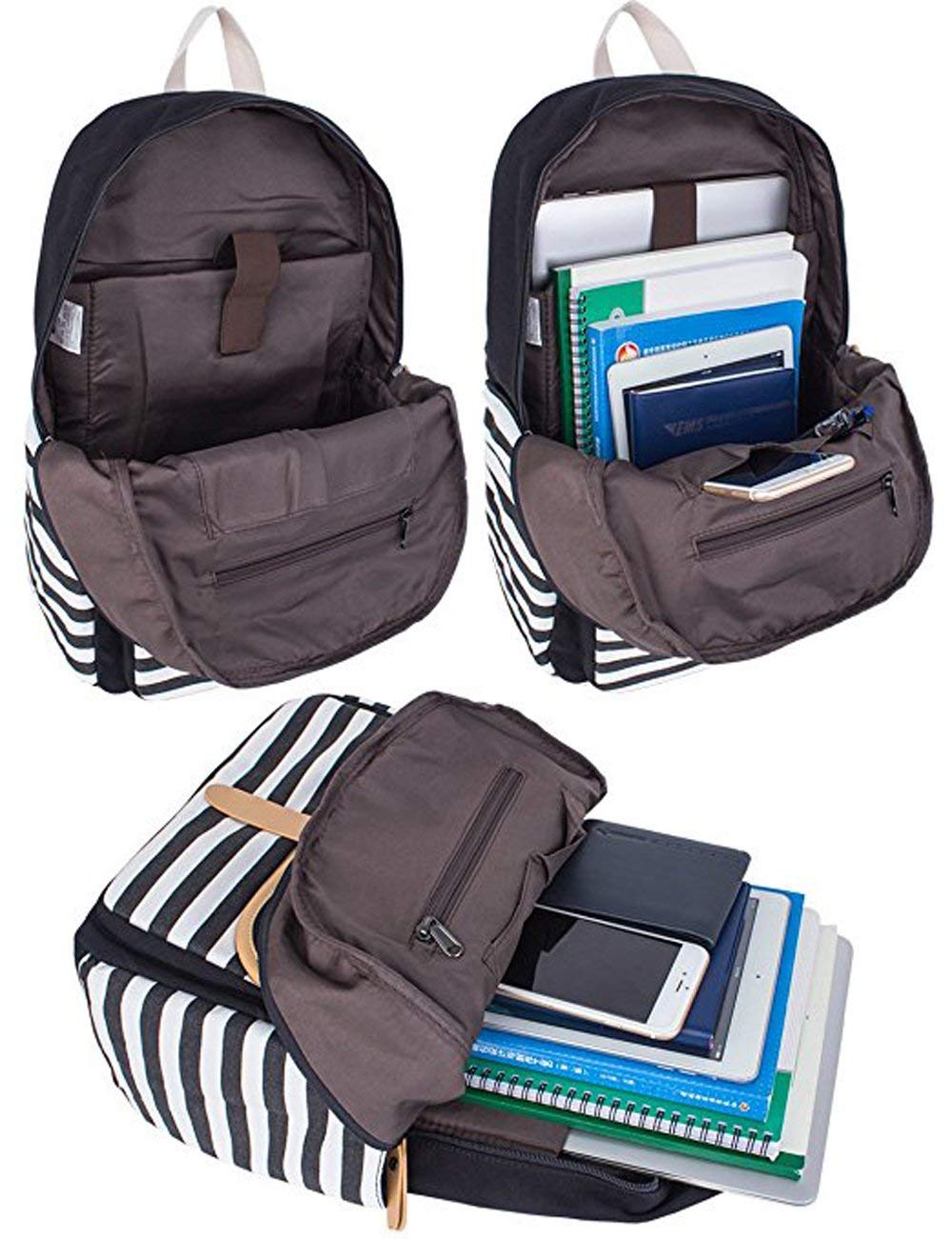 BAGTOP School Backpack Set - Canvas Teen Girls Bookbags 15" Laptop Backpack + Lunch Bags + Drawstring Backpack + Pen Case Bags Set (Black-3)