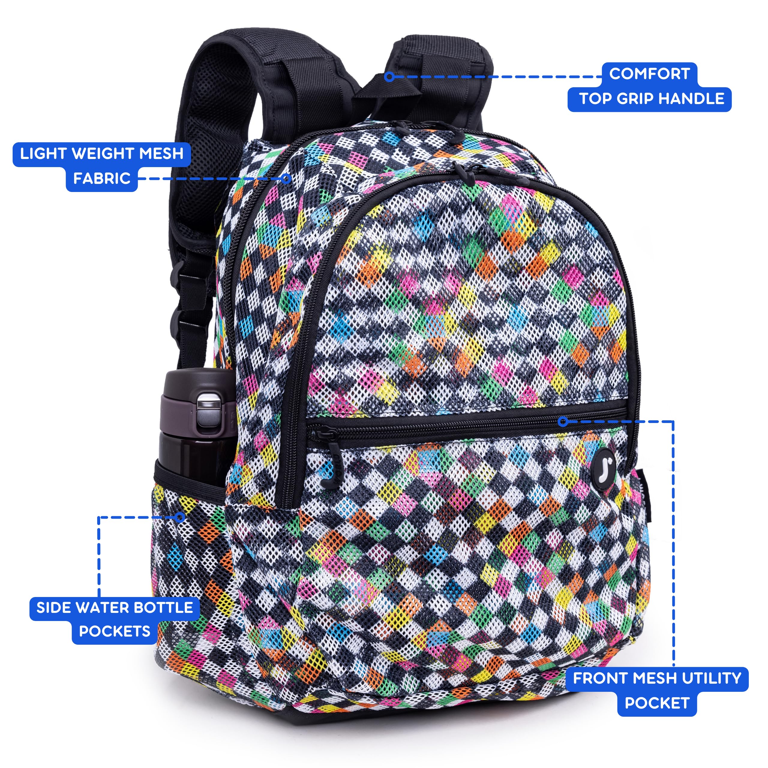 J World New York Mesh Backpack for Adults. Transparent See-Through Book-Bag for School, Beach, Swim, Gym, Checkers, 18 X 13.5 X 8.5 (H X W X D)